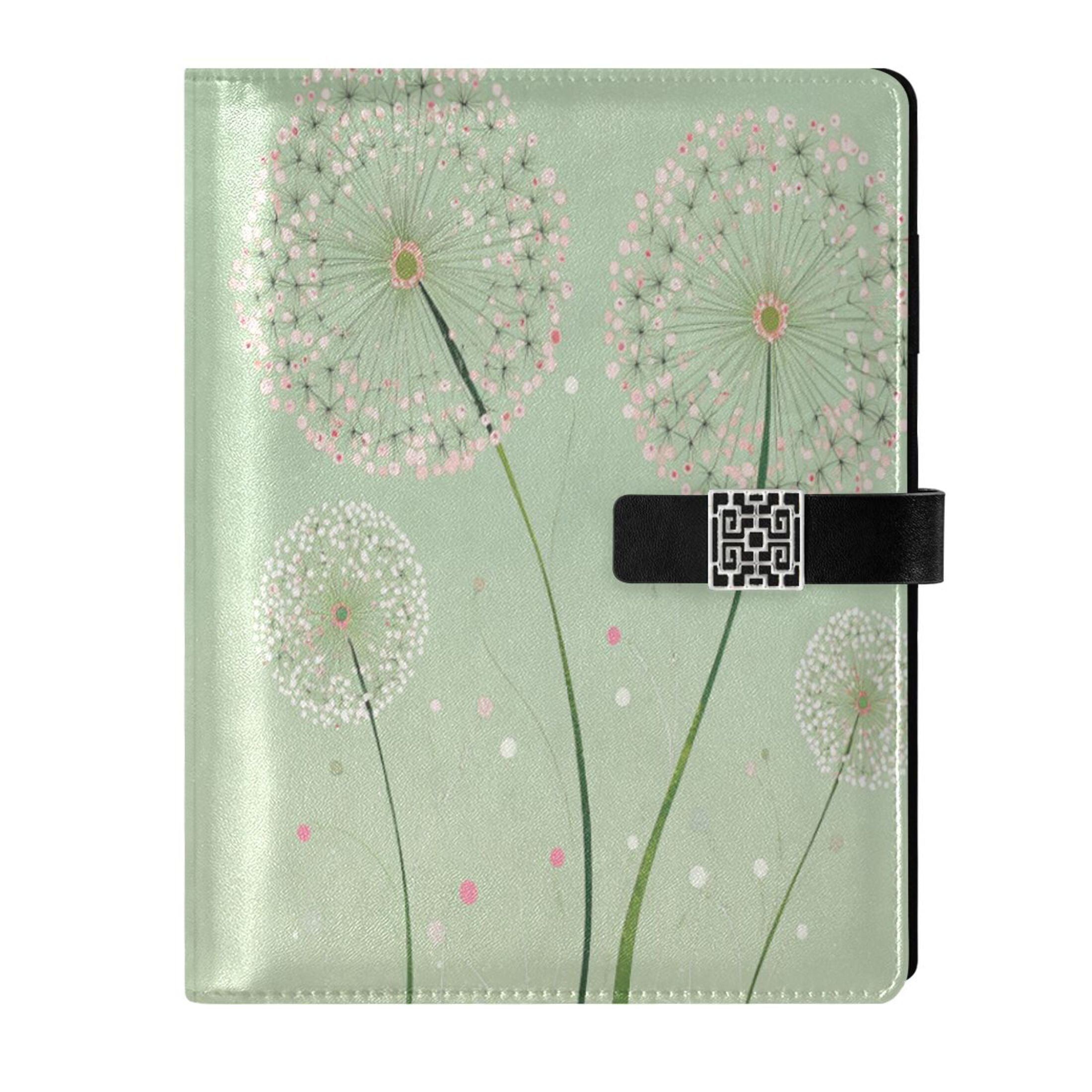 9.2x6.7 inch Leather Notebook 100 Sheets, Multi-Pocket Design & Pen Loop Four Large Dandelions ...