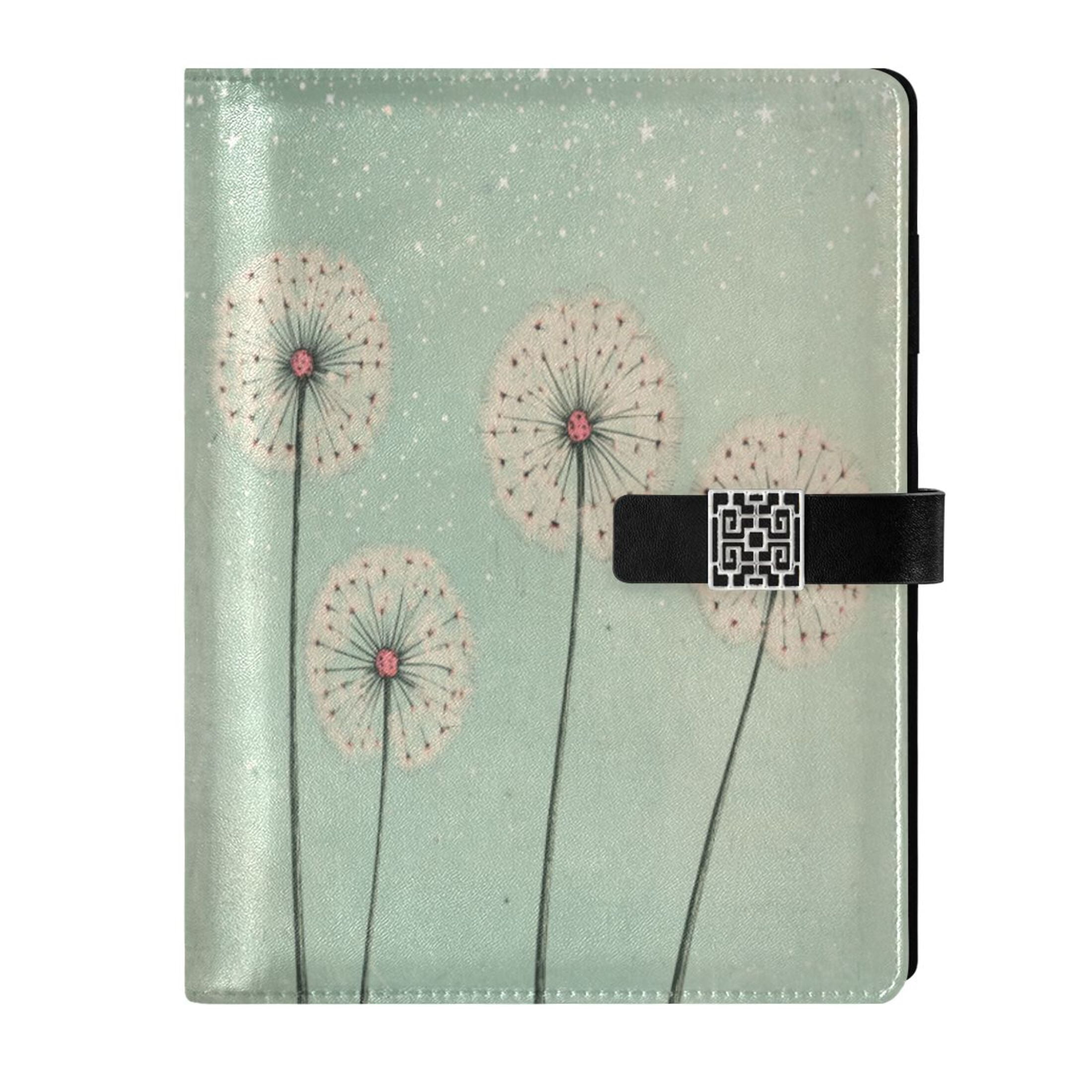 9.2x6.7 inch Leather Notebook 100 Sheets, Multi-Pocket Design & Pen Loop Large Dandelions ...