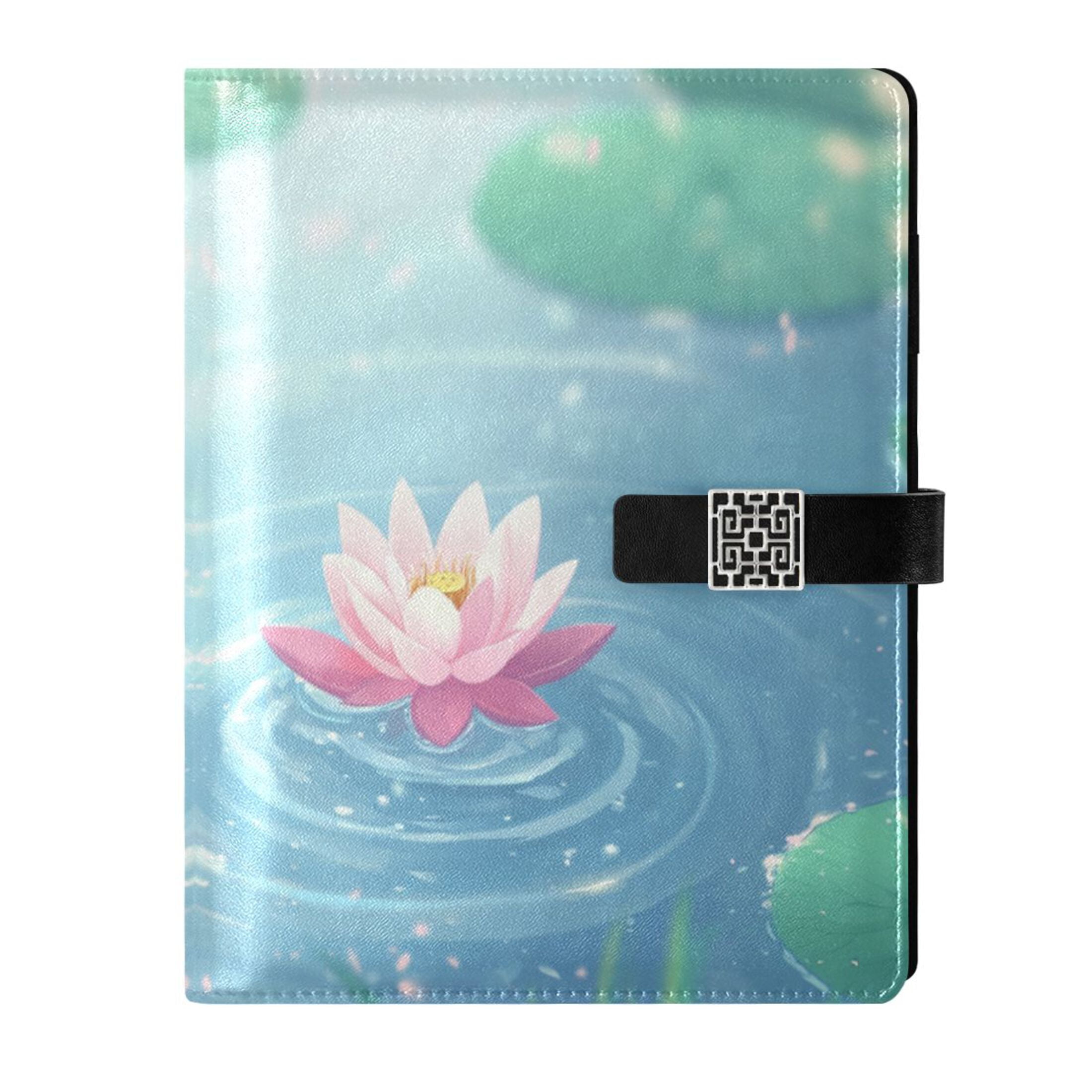 9.2x6.7 inch Leather Notebook 100 Sheets, Multi-Pocket Design & Pen Loop Lotus Flower and Leaves ...
