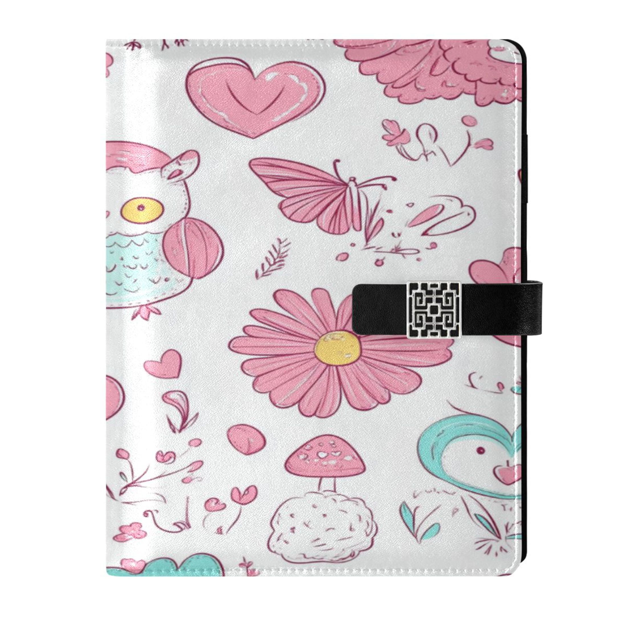 9.2x6.7 inch Leather Notebook 100 Sheets, Multi-Pocket Design & Pen Loop Pink Cute Cartoon Icon ...