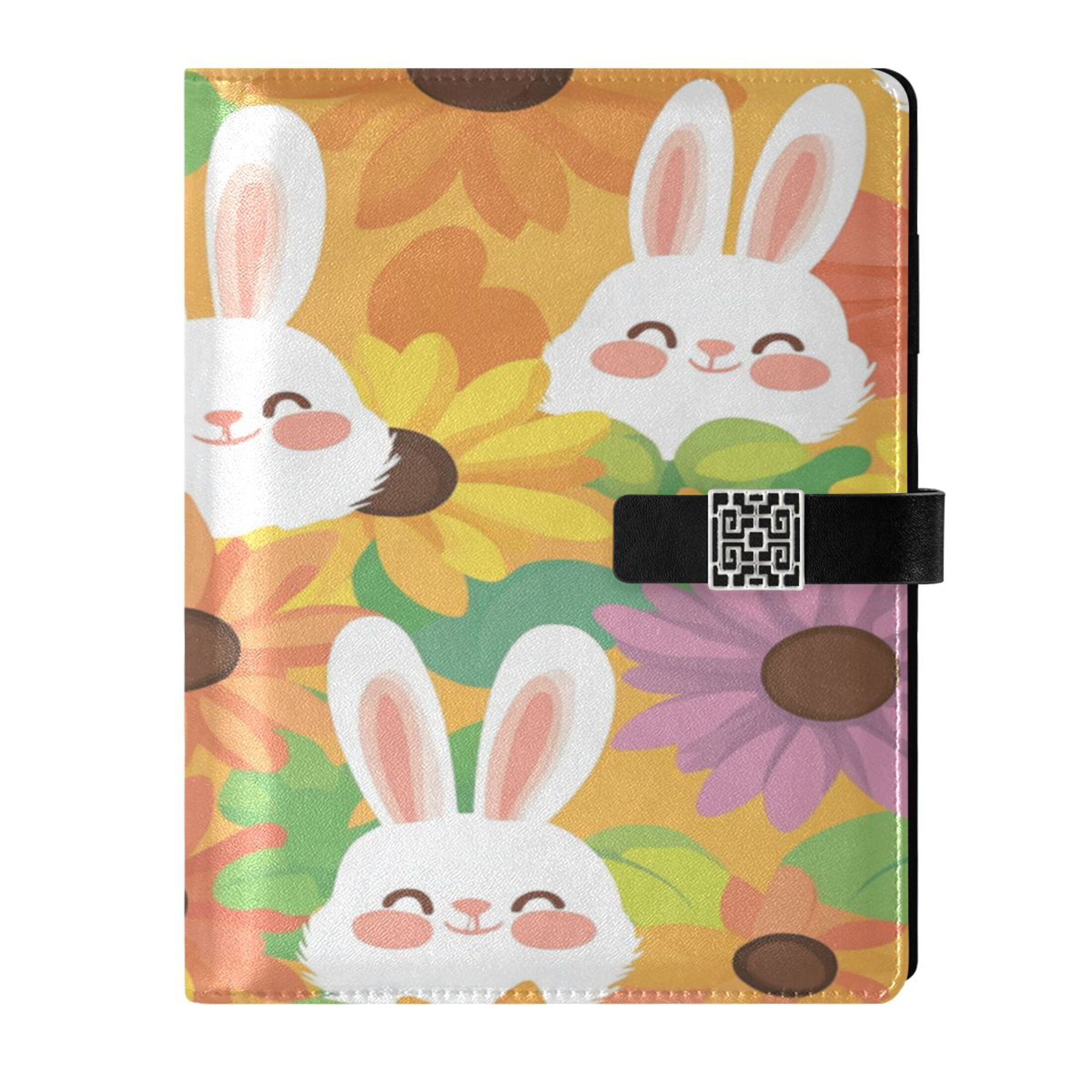 9.2x6.7 inch Leather Notebook 100 Sheets, Multi-Pocket Design & Pen Loop Smiling Bunnies with ...