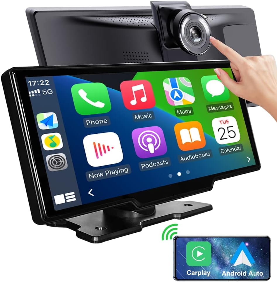 9.3 Inch Portable Car Radio with 4K Dash Cam, Wireless Dash Mount Apple ...