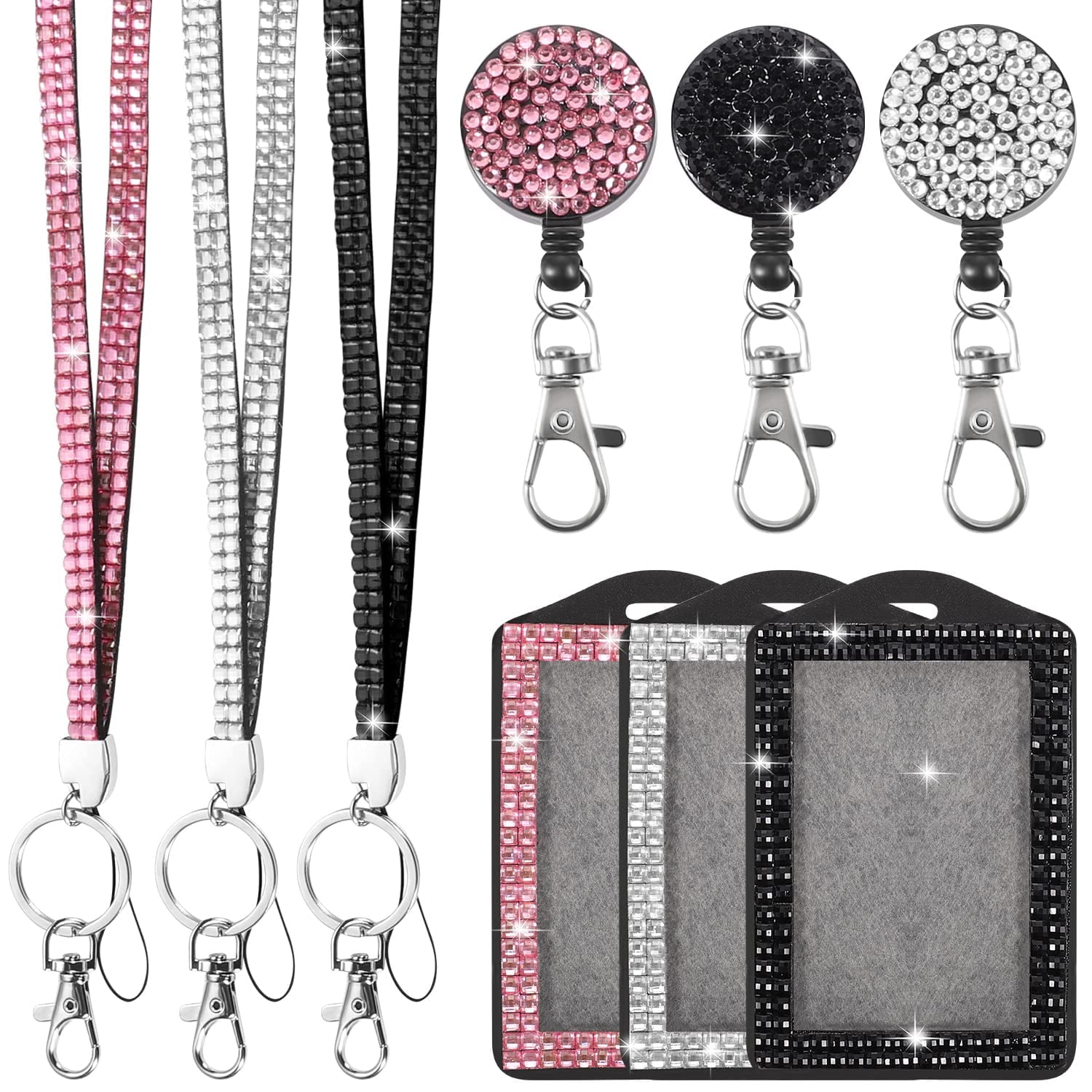 9 in 3 Sets 3 Color Upgraded Rhinestone Lanyard for ID Badges for Women ...