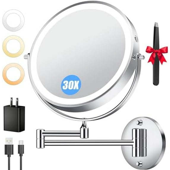 9'' 30X/1X Wall Mounted Lighted Makeup Mirror, 5000mAh Rechargeable ...