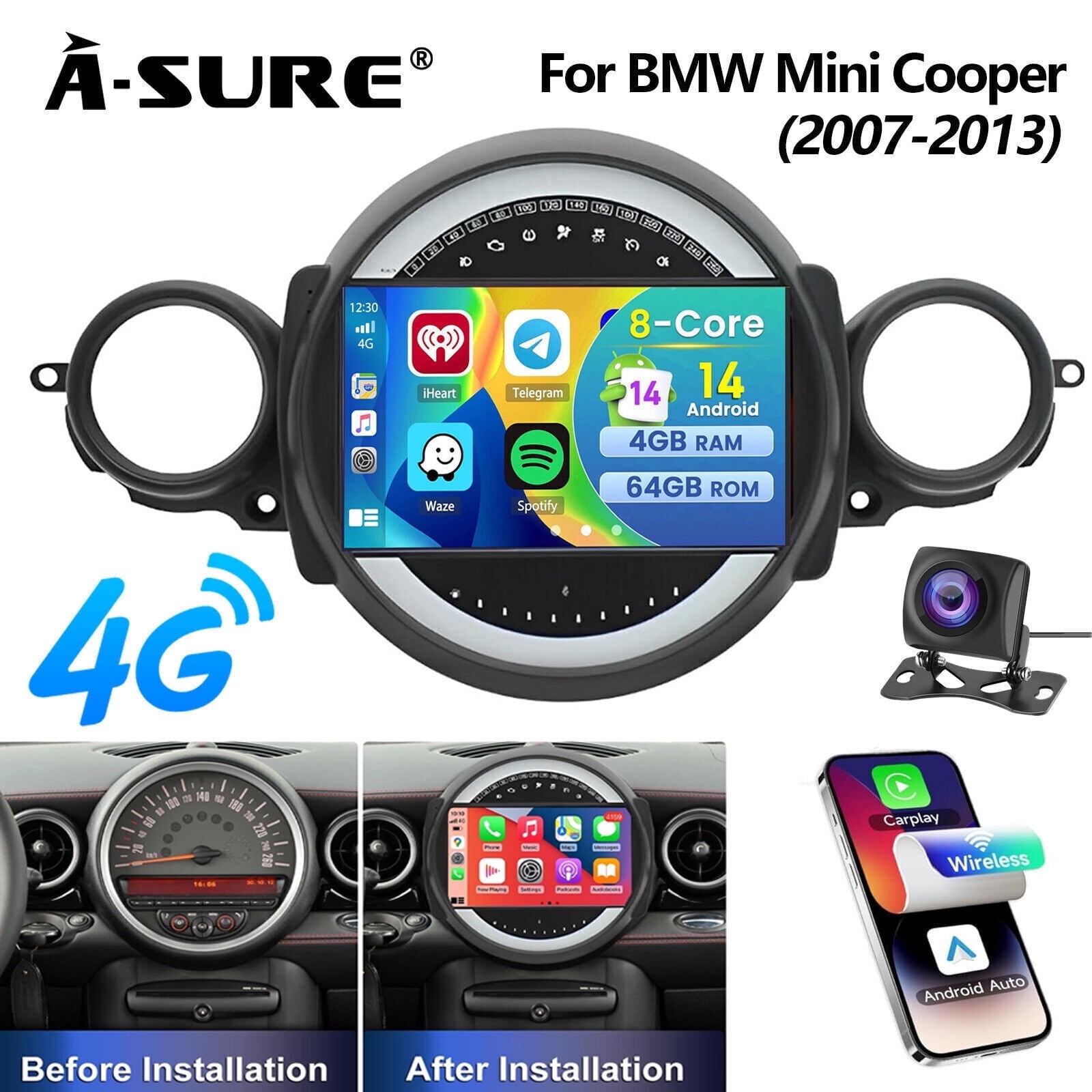 Asure 9" 4+64G Android 14 Car Stereo For BMW Mini Cooper R56 R60 2007 ...