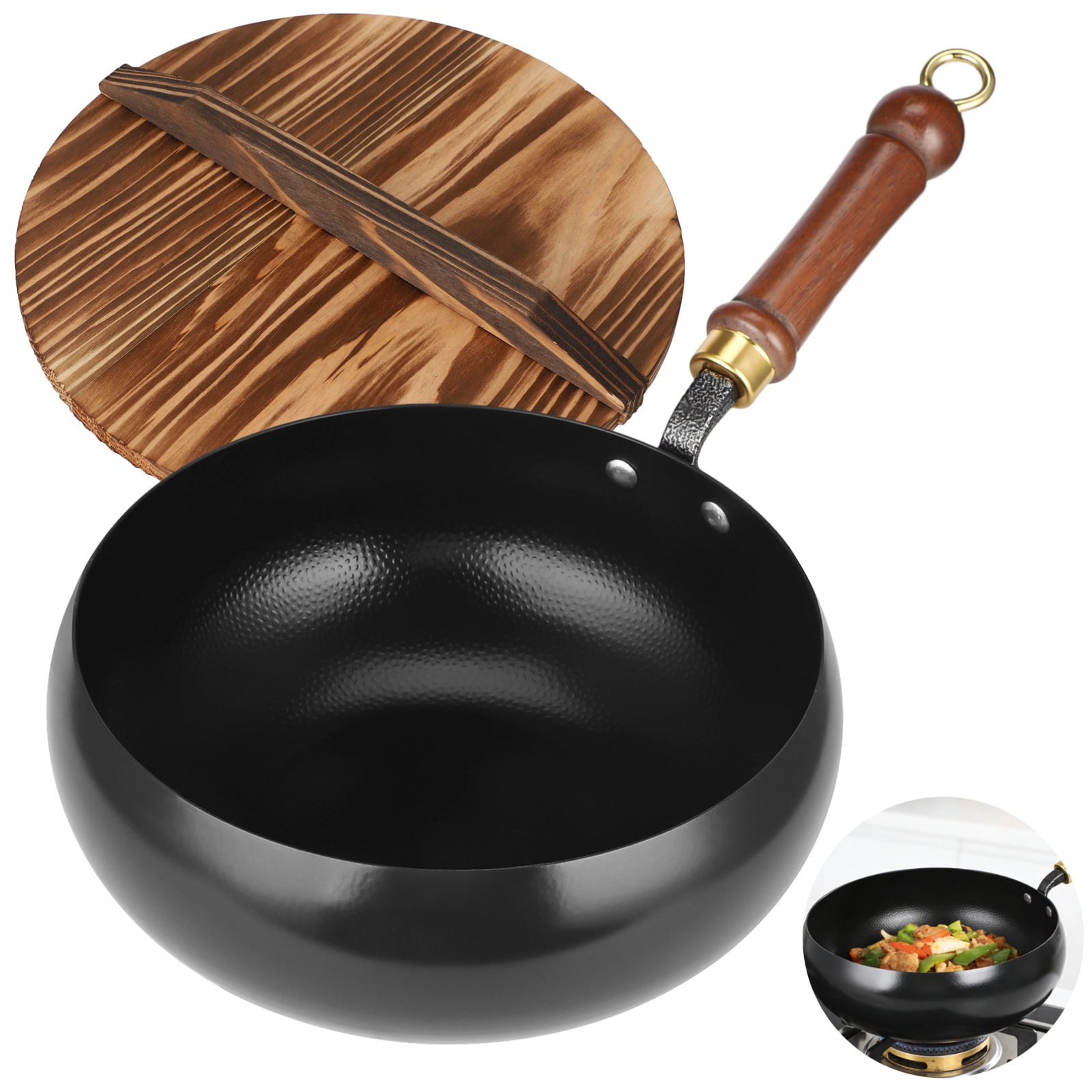 9.4 in Uncoated Non-Stick Pan, Hand Forged Cast Iron Wok with Wooden ...