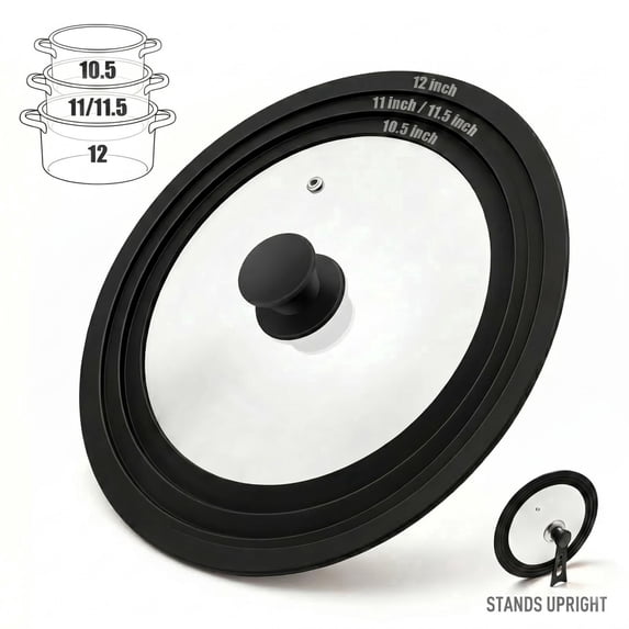 9.5-12 Inch Clear Glass Pot Lid with Vertical Stand — Silicone Rim Fits ...