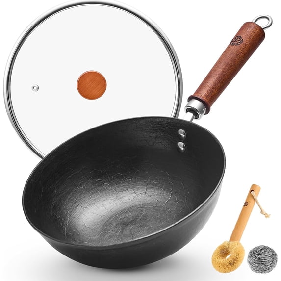 9.5 Inch Cast Iron Wok with Glass Lid – Small Flat Bottom Stir Fry Pan ...