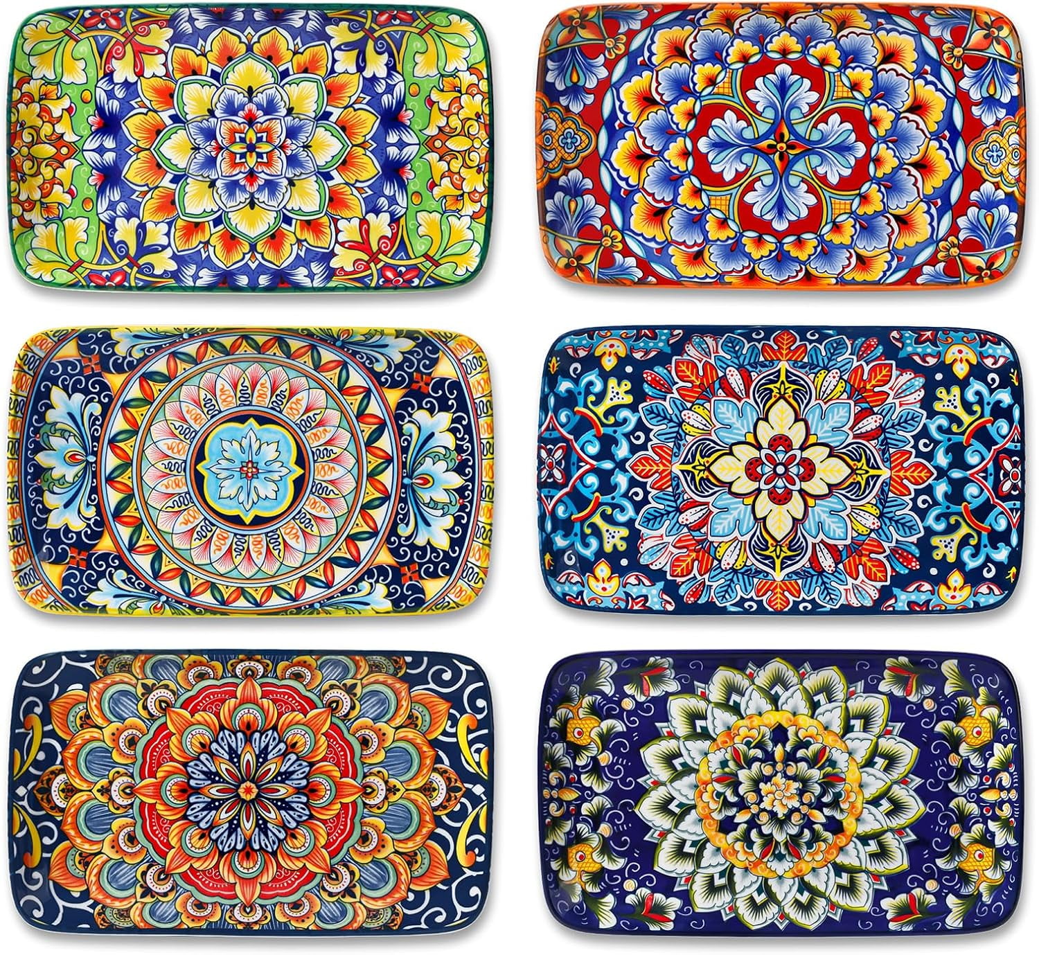 9.5 Inch Rectangular Dinner Plates Set of 6 - Bohemian Floral Design in ...