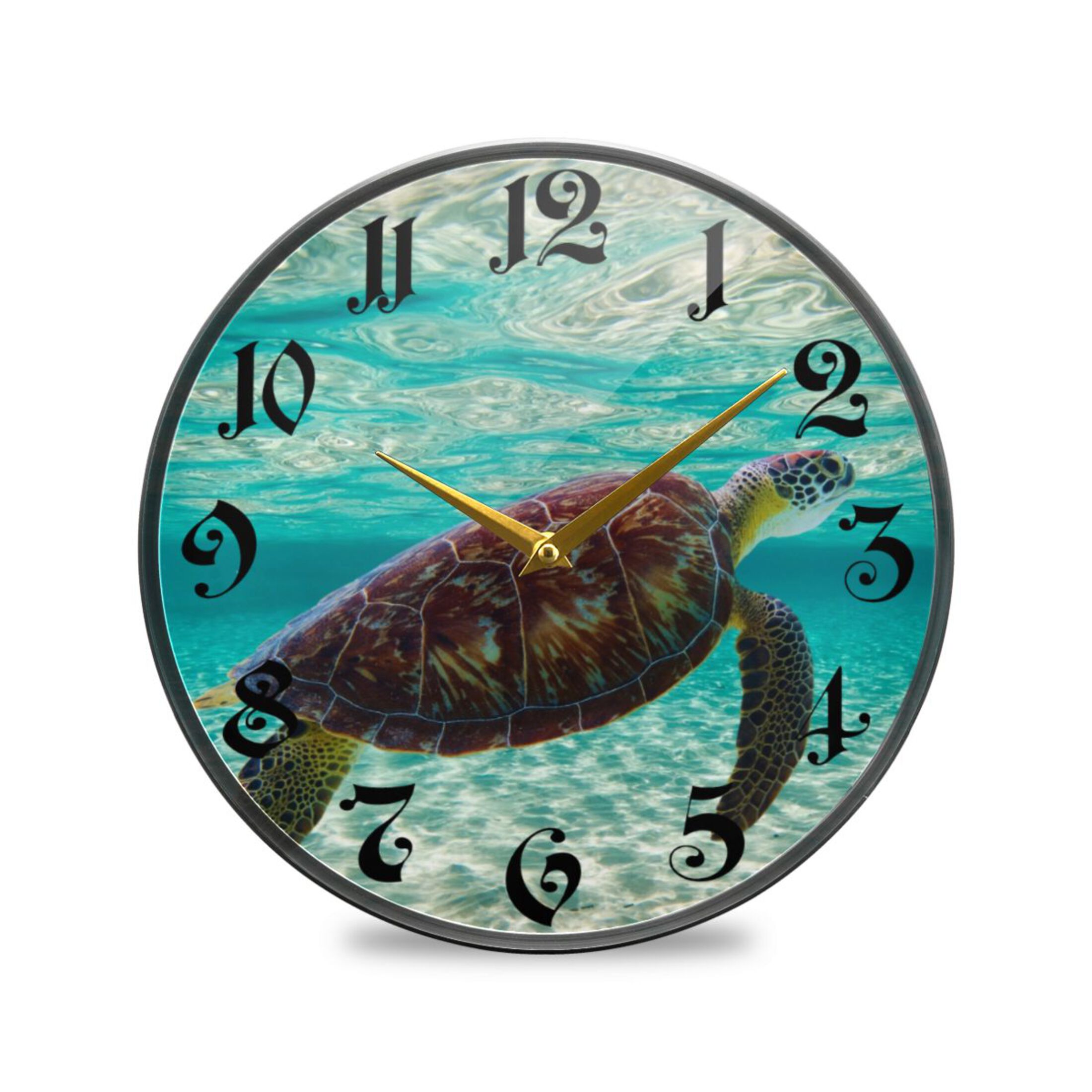 9.5" Round Silent Wall Clocks A Turtle Swiming in Sea Acrylic Battery ...