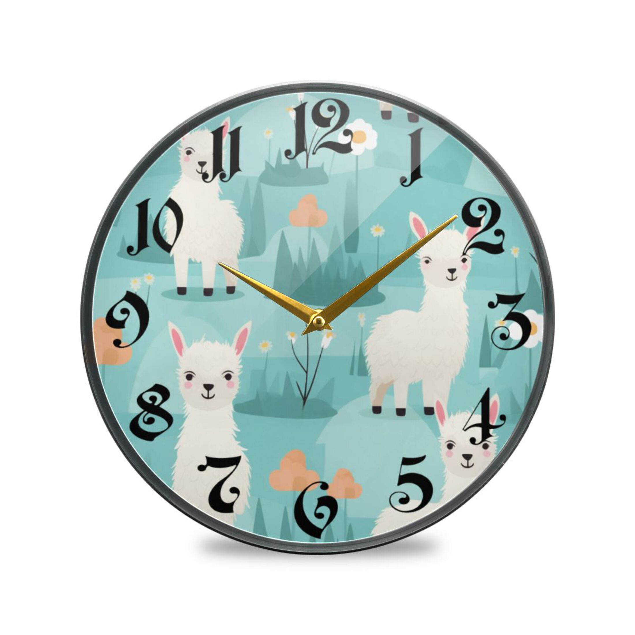 9.5" Round Silent Wall Clocks Alpaca Floral Acrylic Battery Operated ...