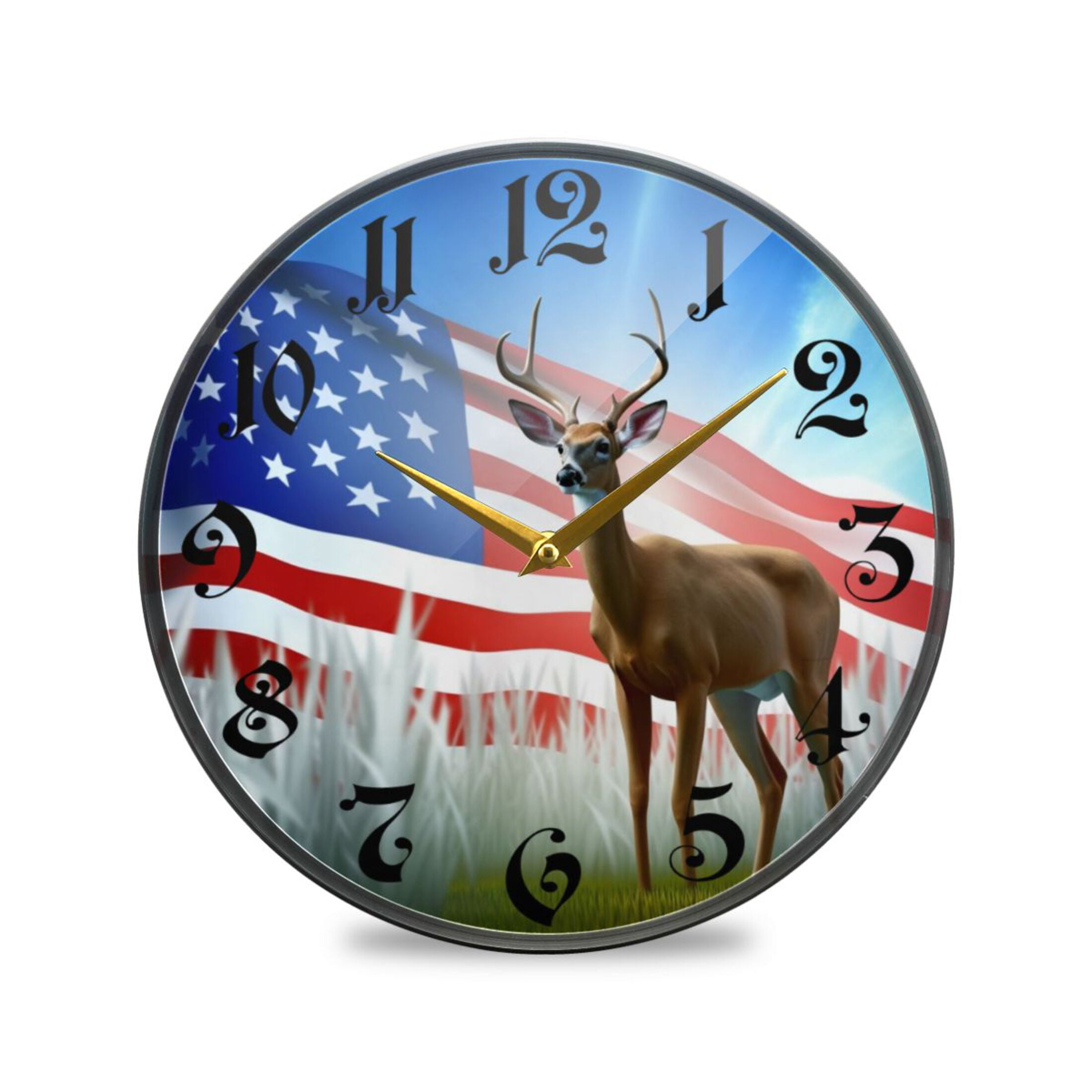 9.5" Round Silent Wall Clocks American Flag and Deer Acrylic Battery ...