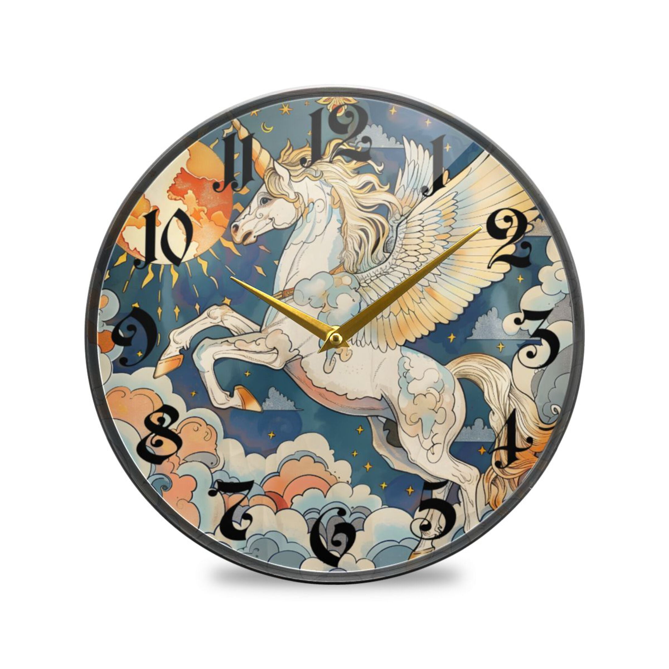 9.5" Round Silent Wall Clocks Artist Unicorn Flying Acrylic Battery ...