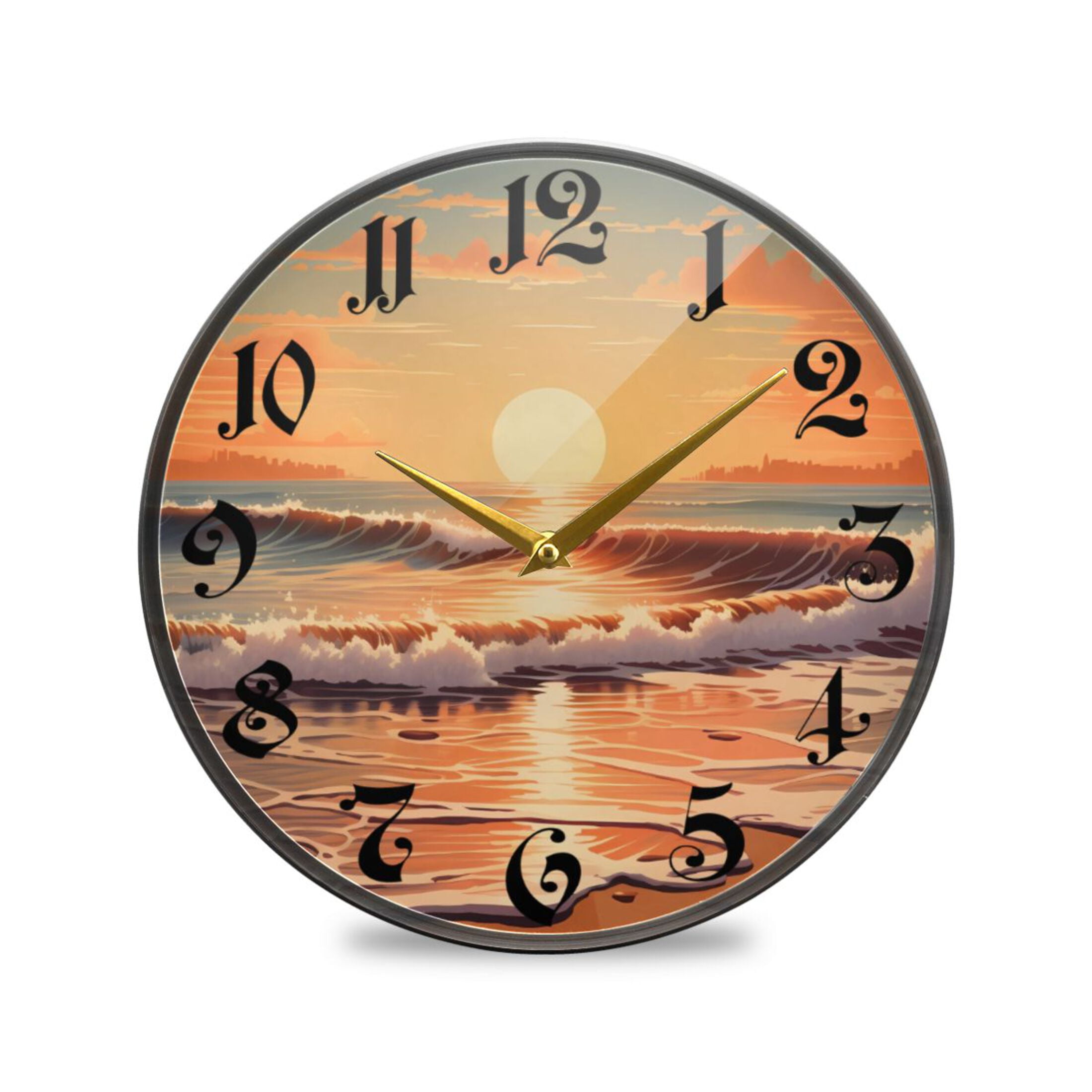 9.5" Round Silent Wall Clocks Beach with Sunset Acrylic Battery Operated Clock Non-Ticking ...