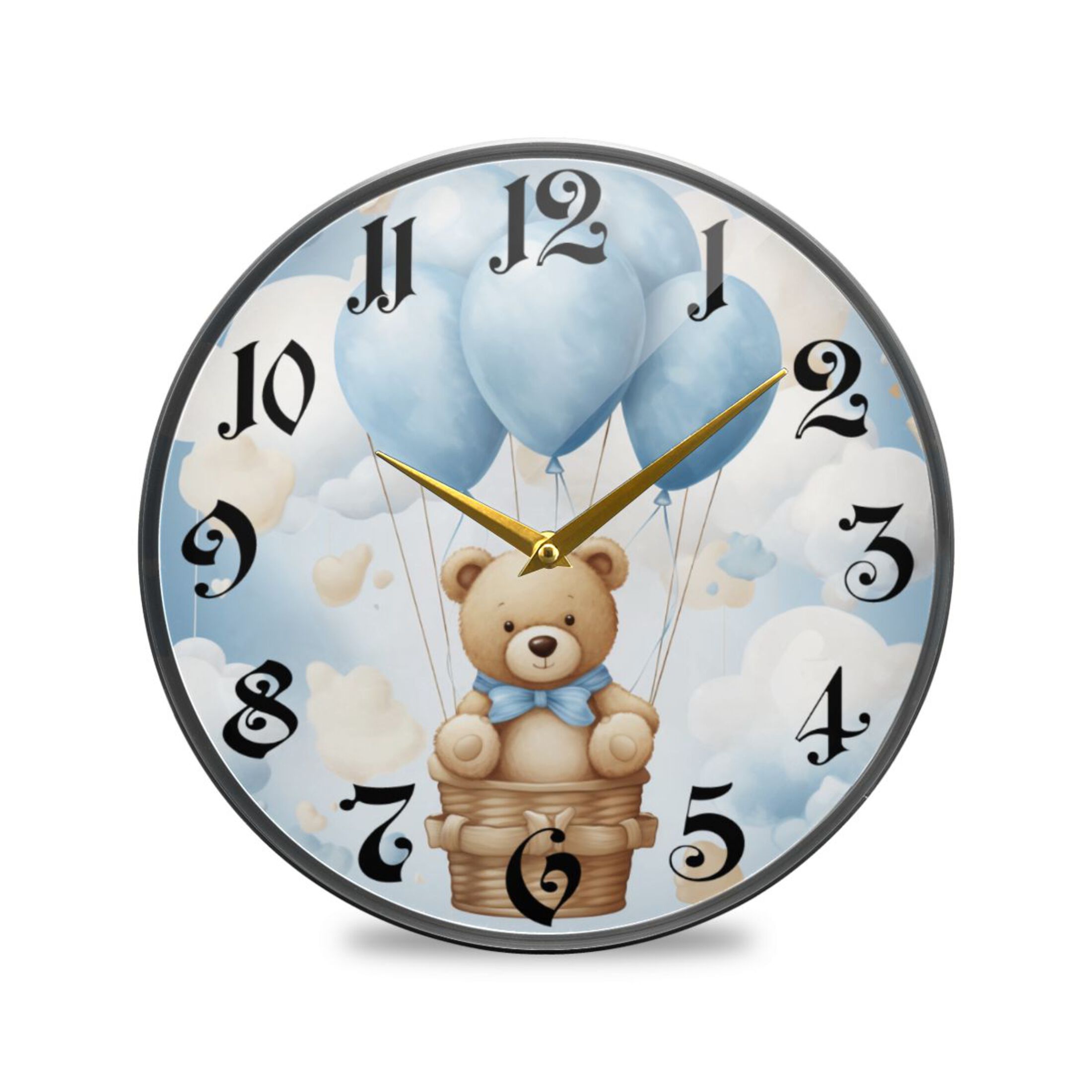 9.5" Round Silent Wall Clocks Bear Balloon in Clouds Acrylic Battery ...
