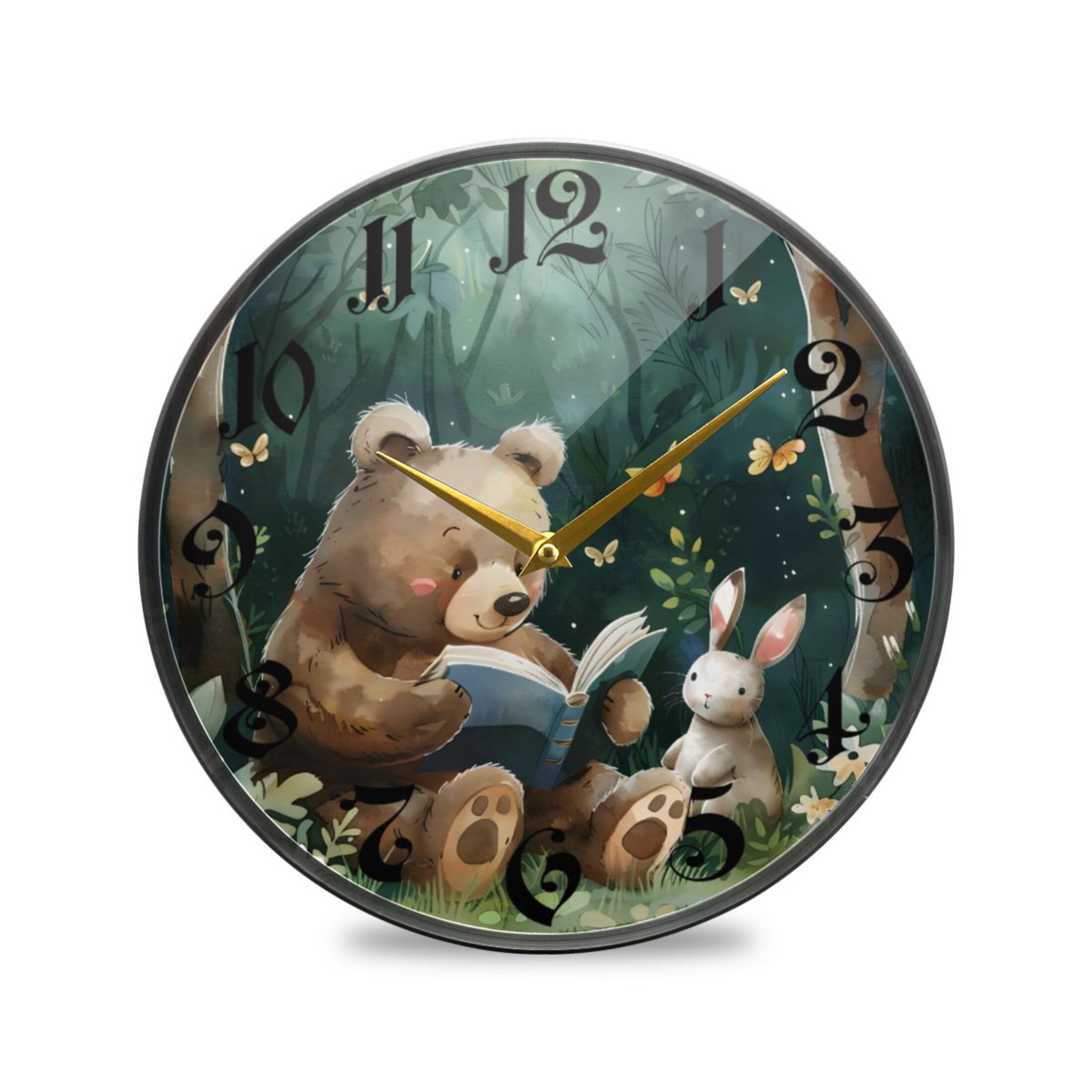 9.5" Round Silent Wall Clocks Bear Reading Acrylic Battery Operated ...