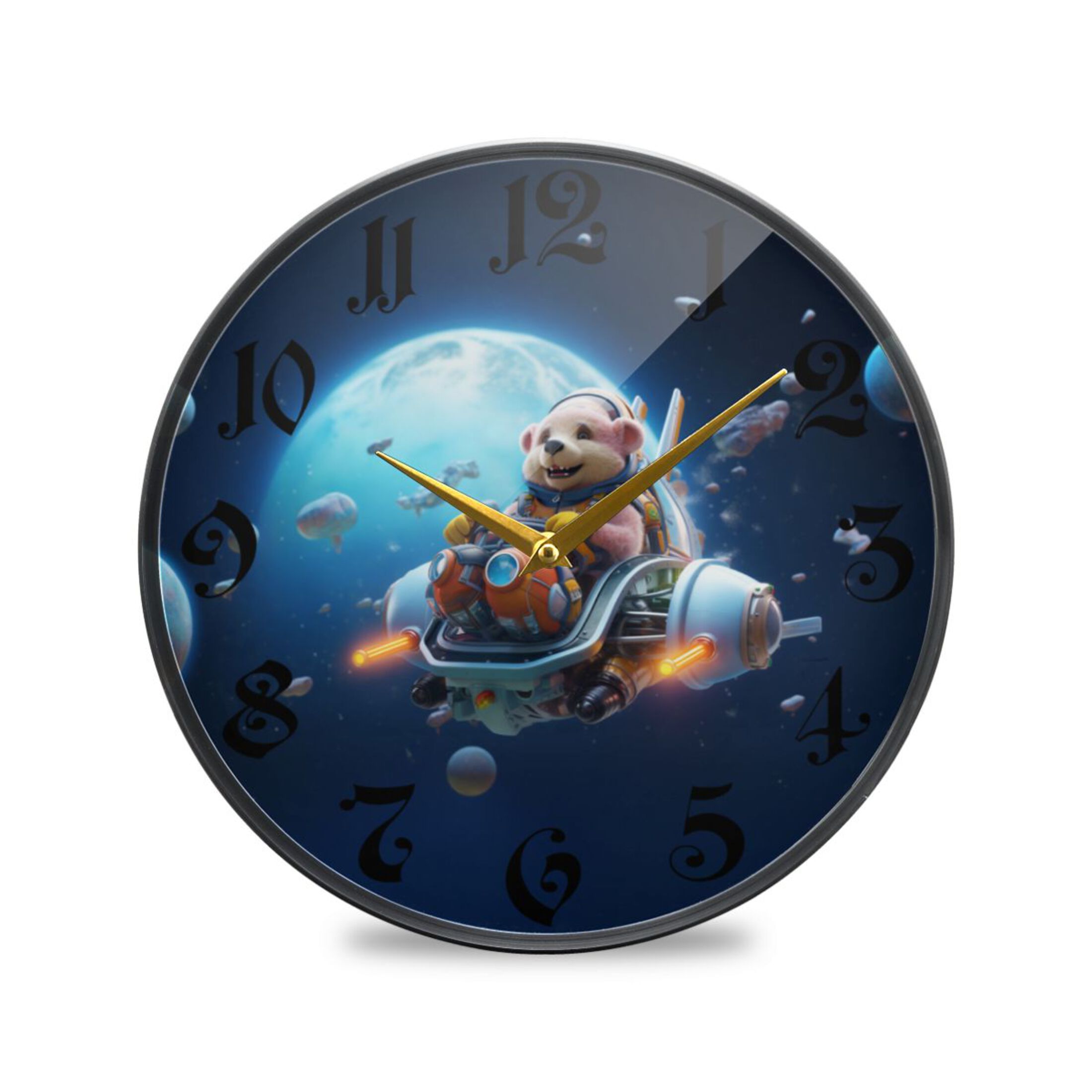 9.5" Round Silent Wall Clocks Bear in Space Acrylic Battery Operated ...