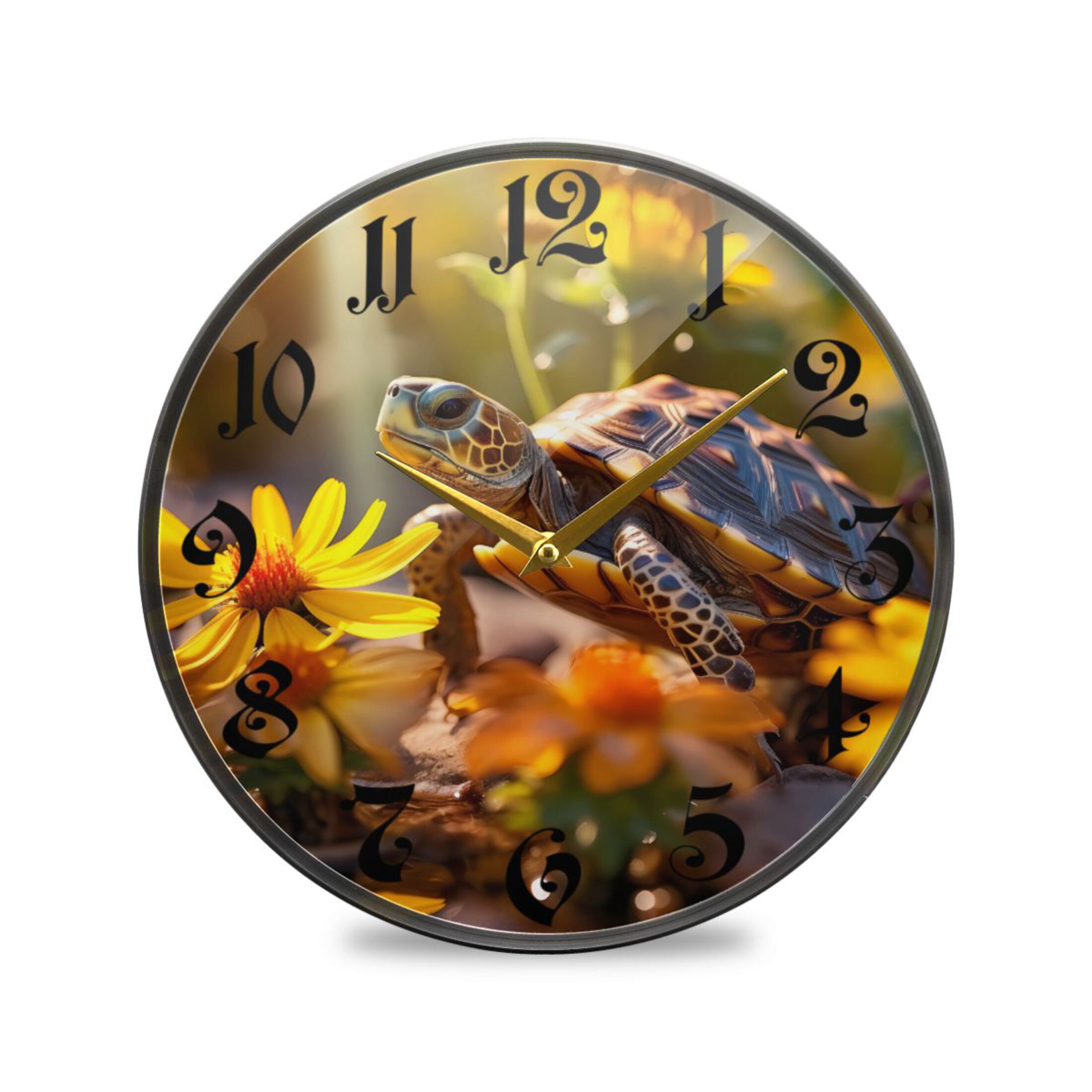 9.5" Round Silent Wall Clocks Big Turtle and Wild Flowers Acrylic ...