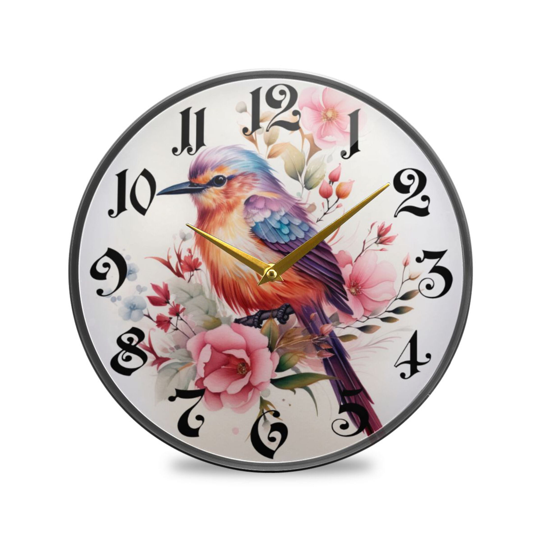 9.5" Round Silent Wall Clocks Bird on Floral Acrylic Battery Operated ...