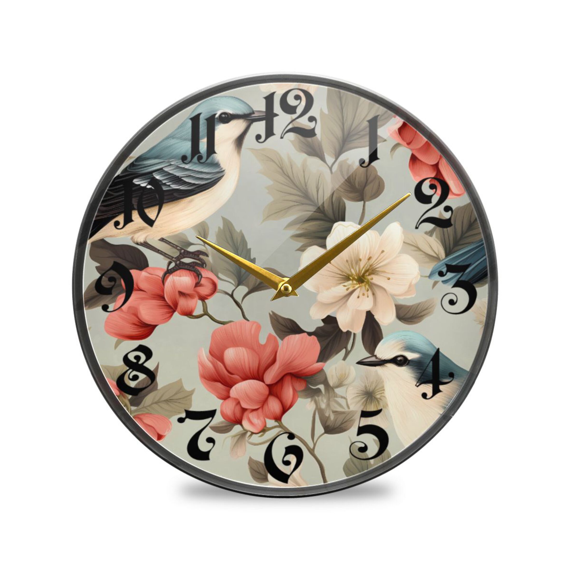 9.5" Round Silent Wall Clocks Birds and Lily Flowers Acrylic Battery ...