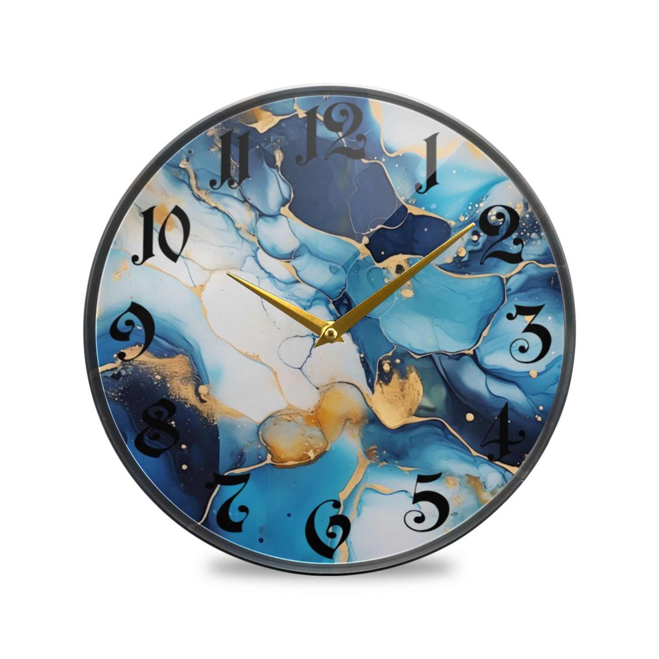 9.5" Round Silent Wall Clocks Blue and Golden Marble Acrylic Battery ...