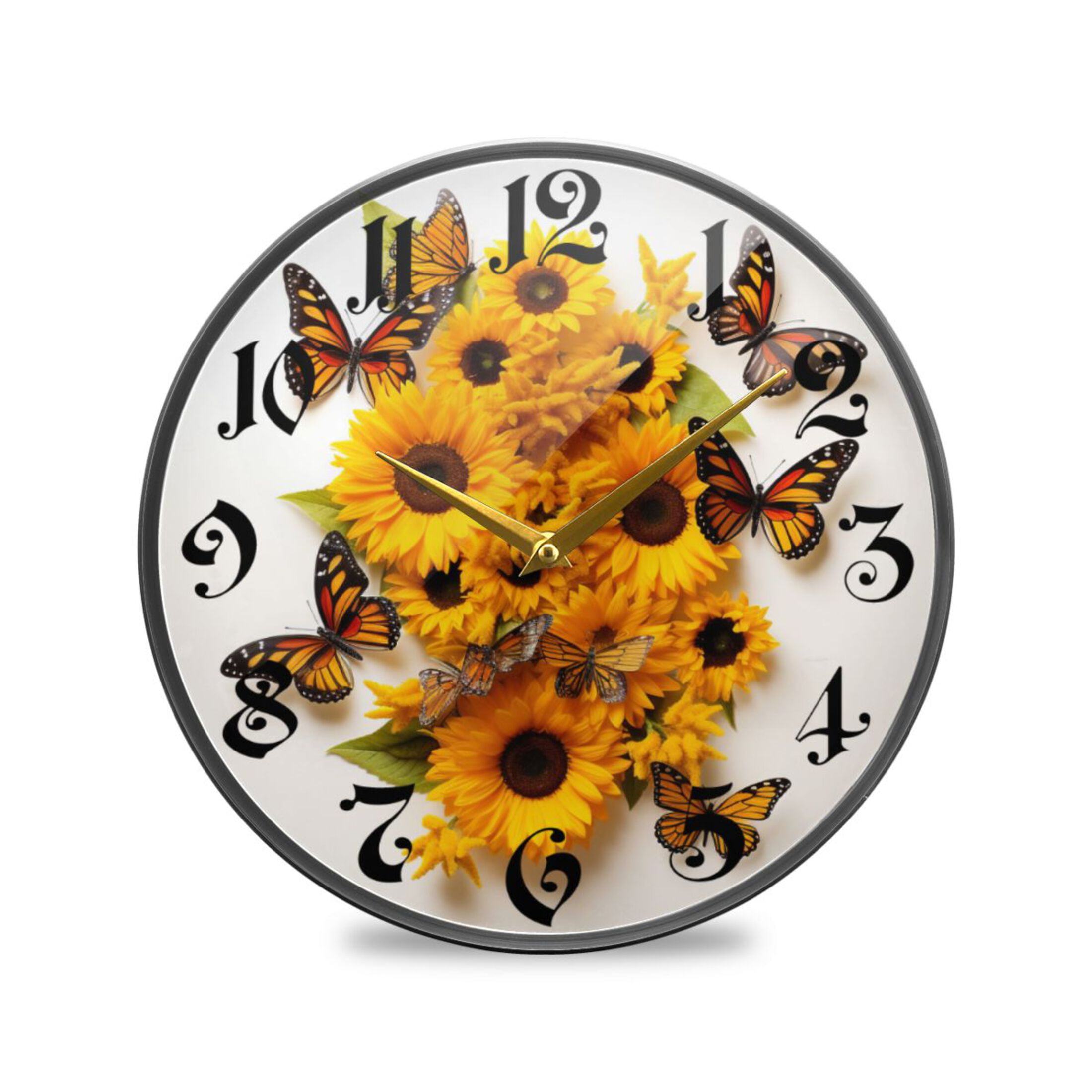 9.5" Round Silent Wall Clocks Butterflies in Sunflowers Acrylic Battery ...