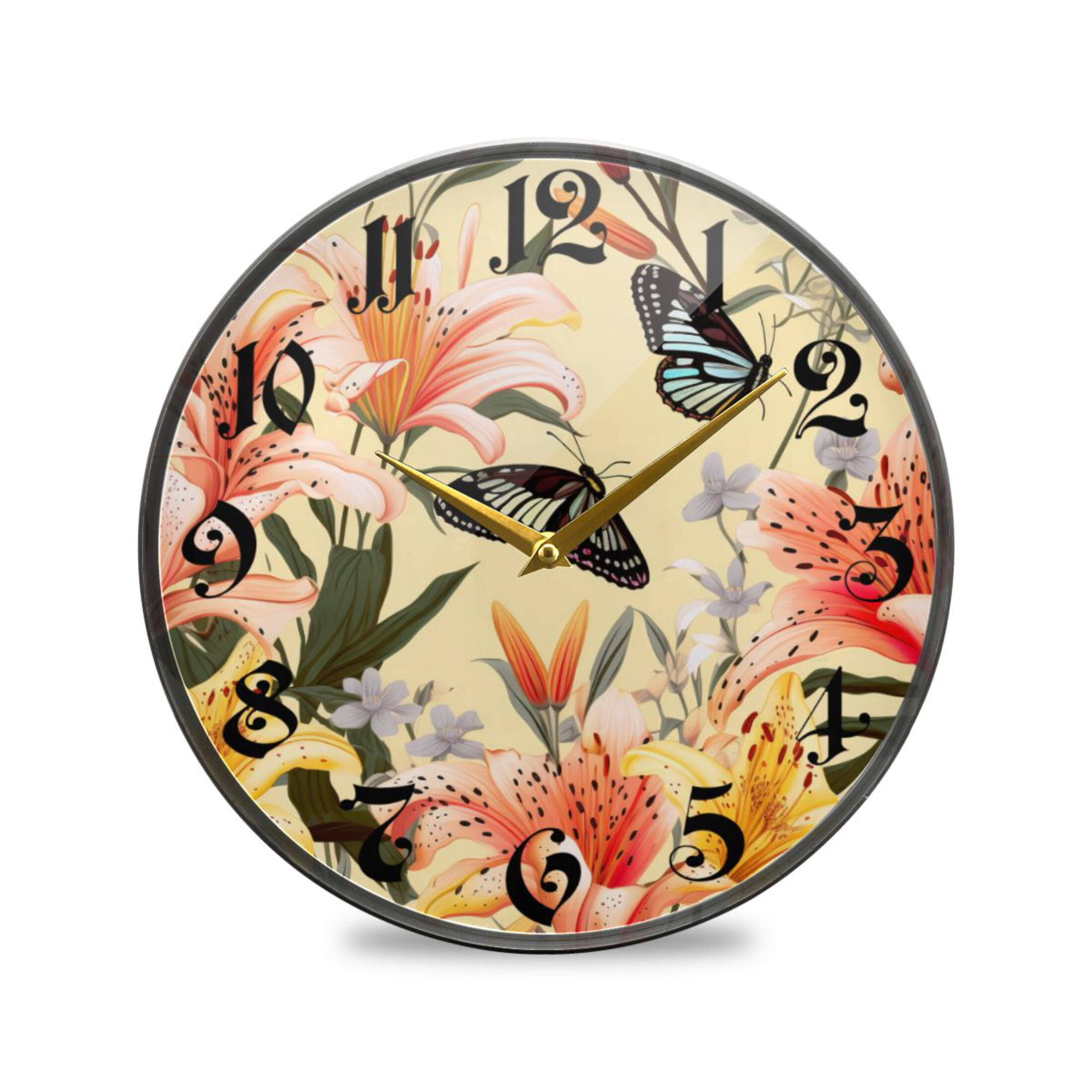 9.5" Round Silent Wall Clocks Butterflies with Lily Floral Acrylic ...