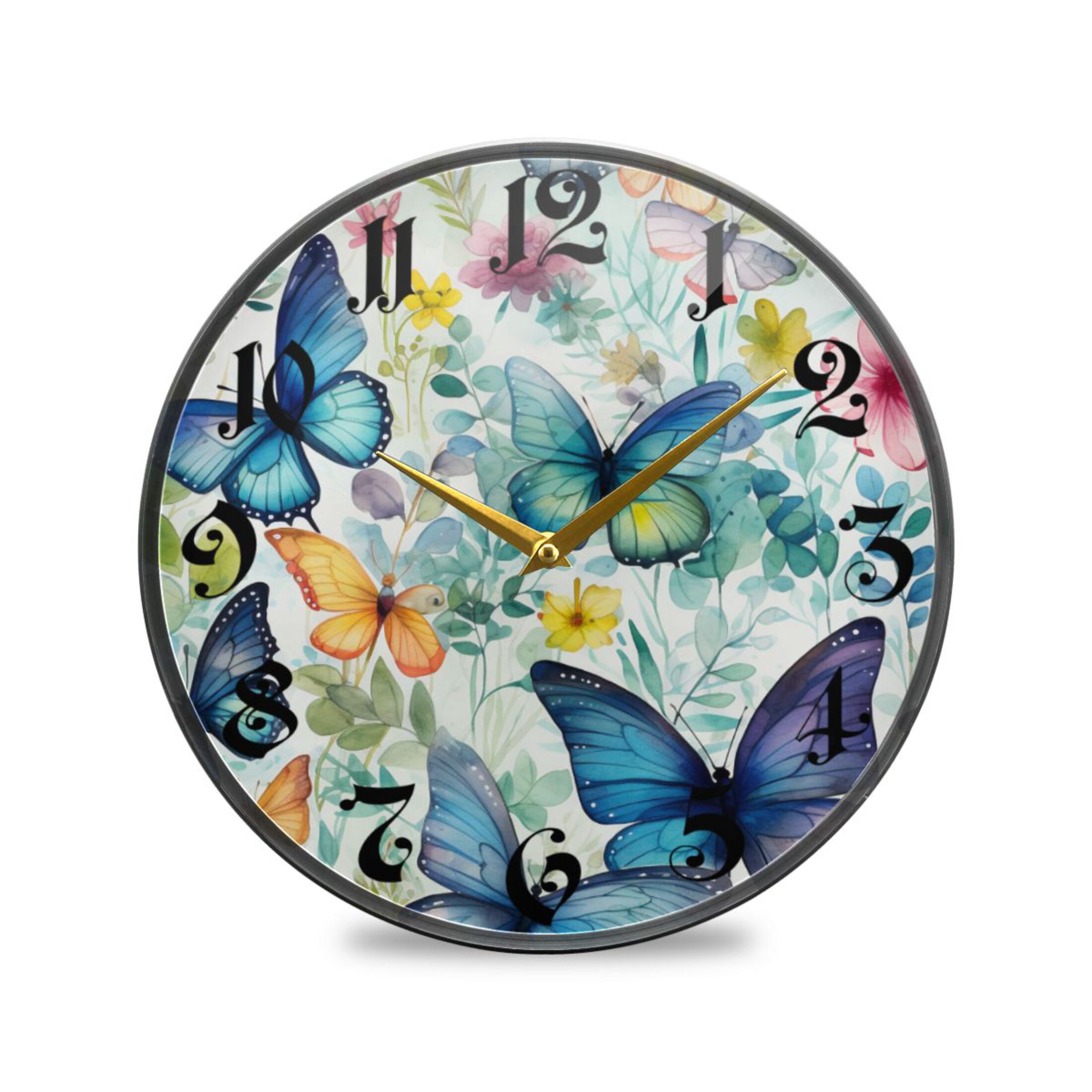 9.5" Round Silent Wall Clocks Butterfly Floral Acrylic Battery Operated ...