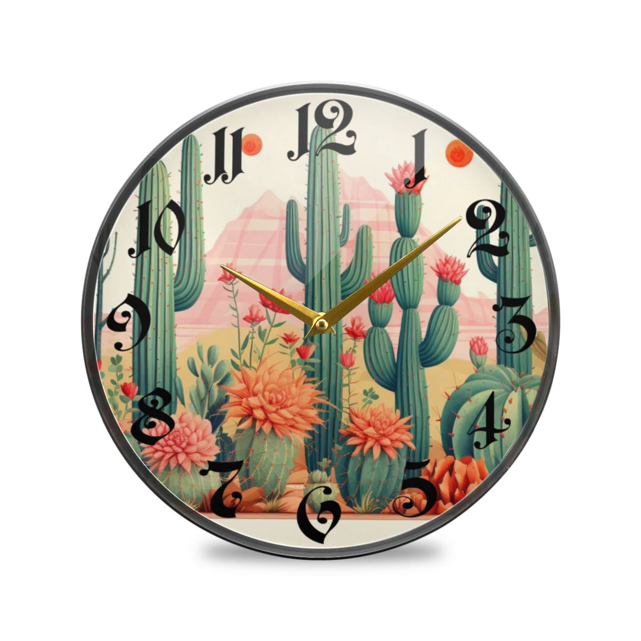9.5" Round Silent Wall Clocks Cactus Flowers Acrylic Battery Operated ...
