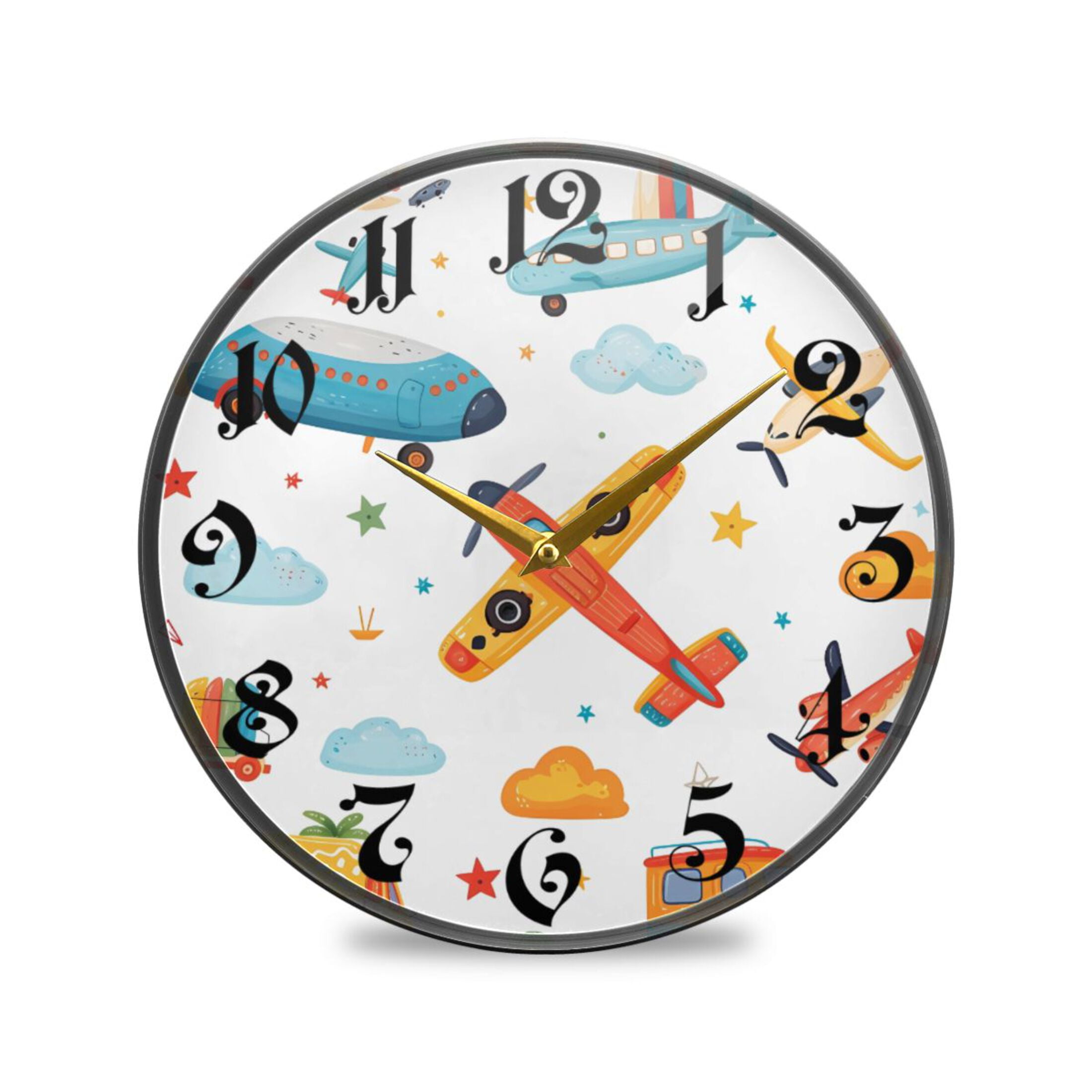 9.5" Round Silent Wall Clocks Cartoon Aircraft and Trucks Acrylic ...