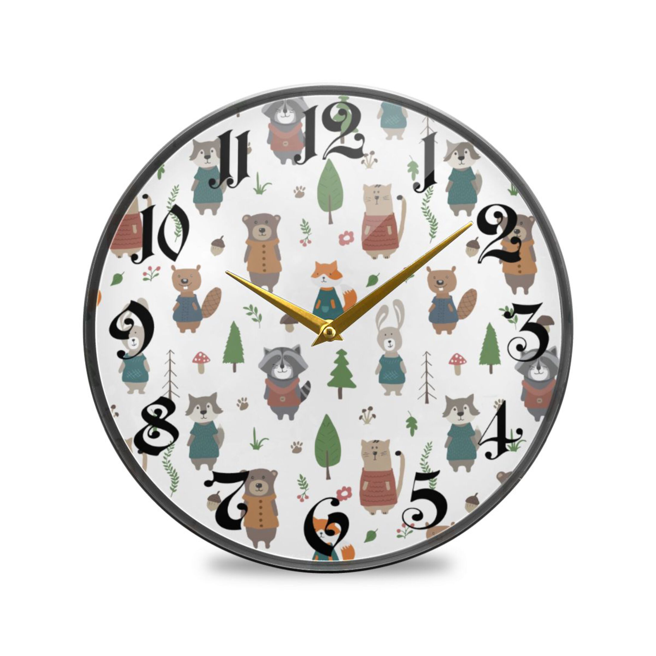 9.5" Round Silent Wall Clocks Cartoon Animals in Forest Acrylic Battery ...