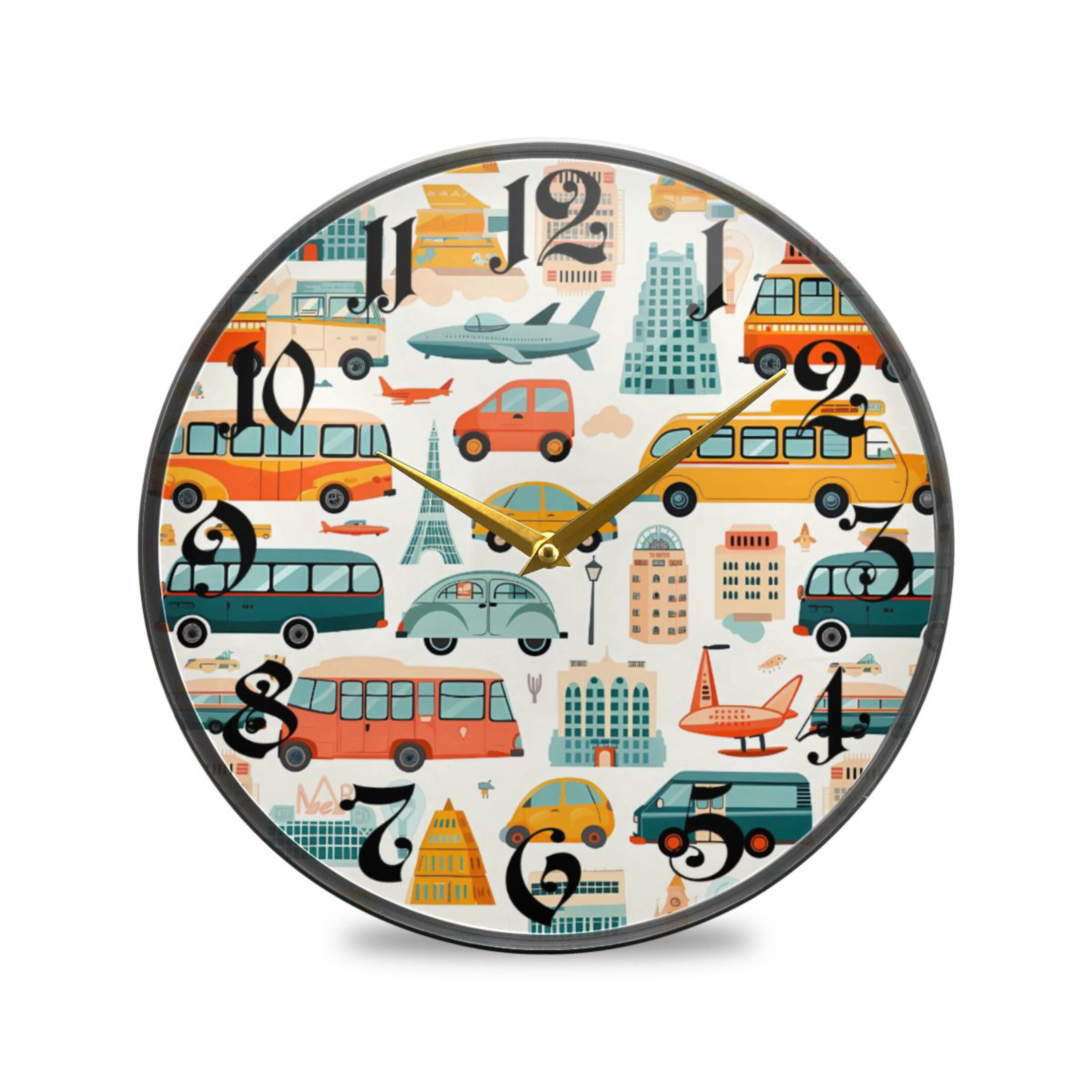 9.5" Round Silent Wall Clocks Cartoon Bus Vehicles Acrylic Battery ...