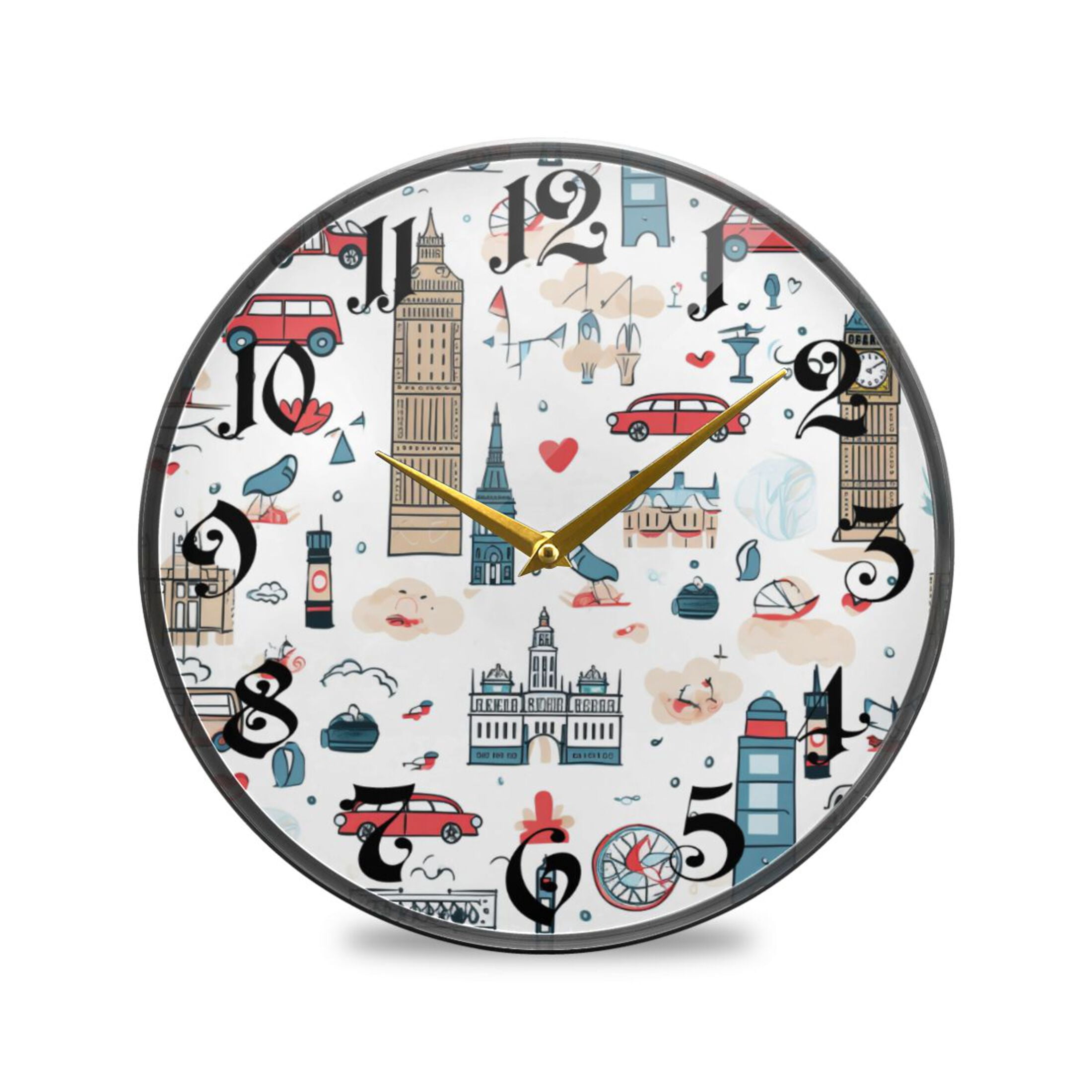 9.5" Round Silent Wall Clocks Cartoon Car City Acrylic Battery Operated ...
