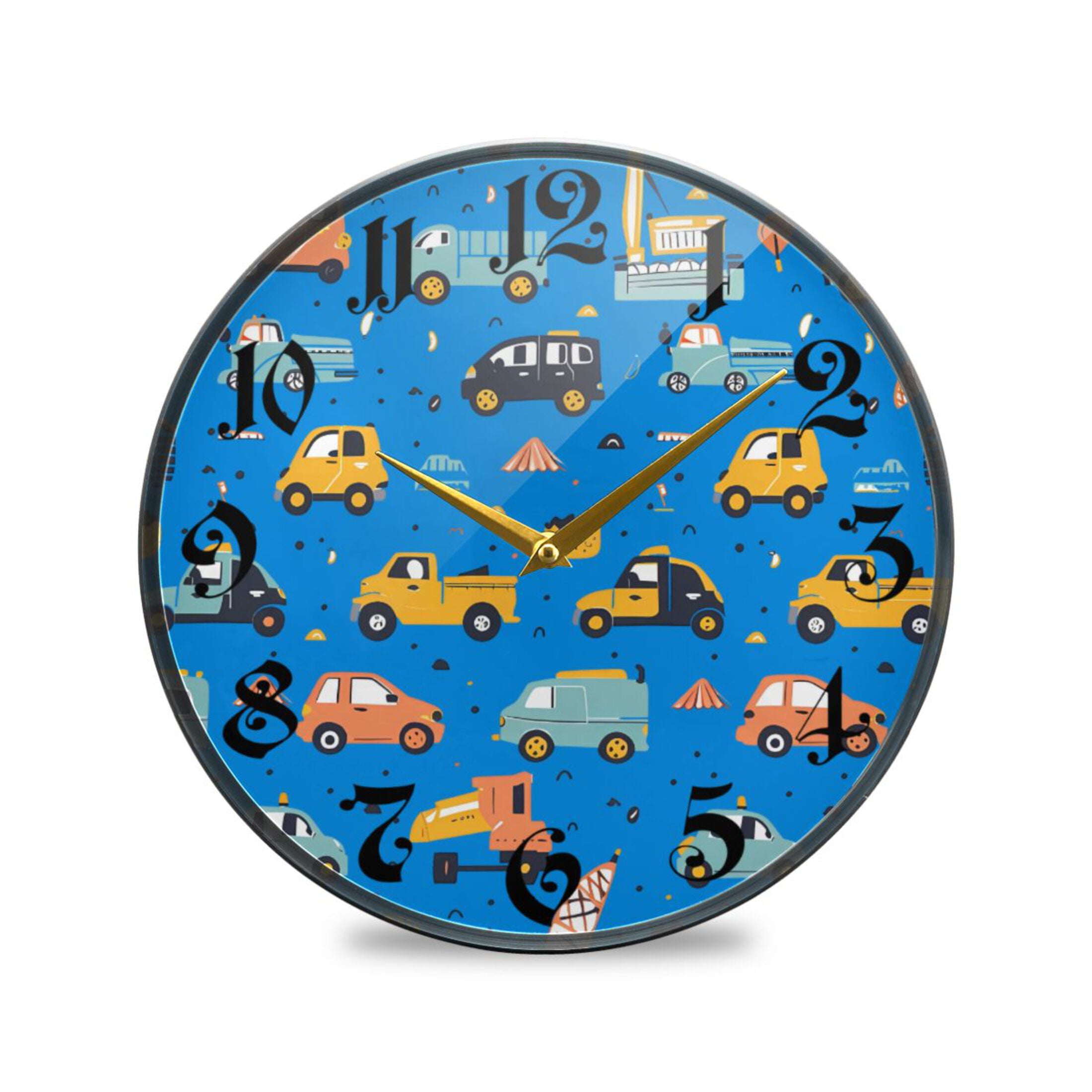 9.5" Round Silent Wall Clocks Cartoon Cars on Blue Acrylic Battery ...