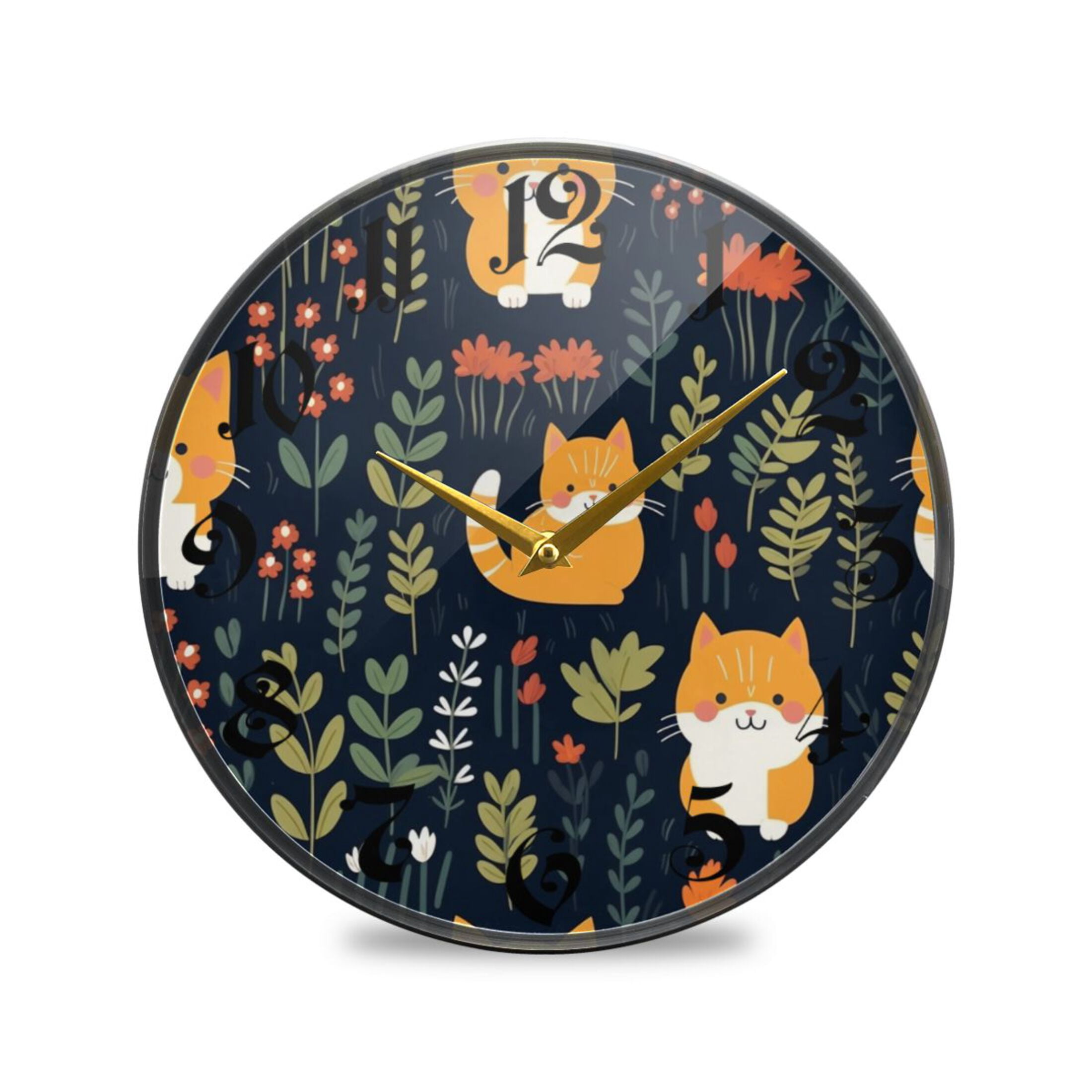 9.5" Round Silent Wall Clocks Cartoon Cat and Leaves Acrylic Battery ...