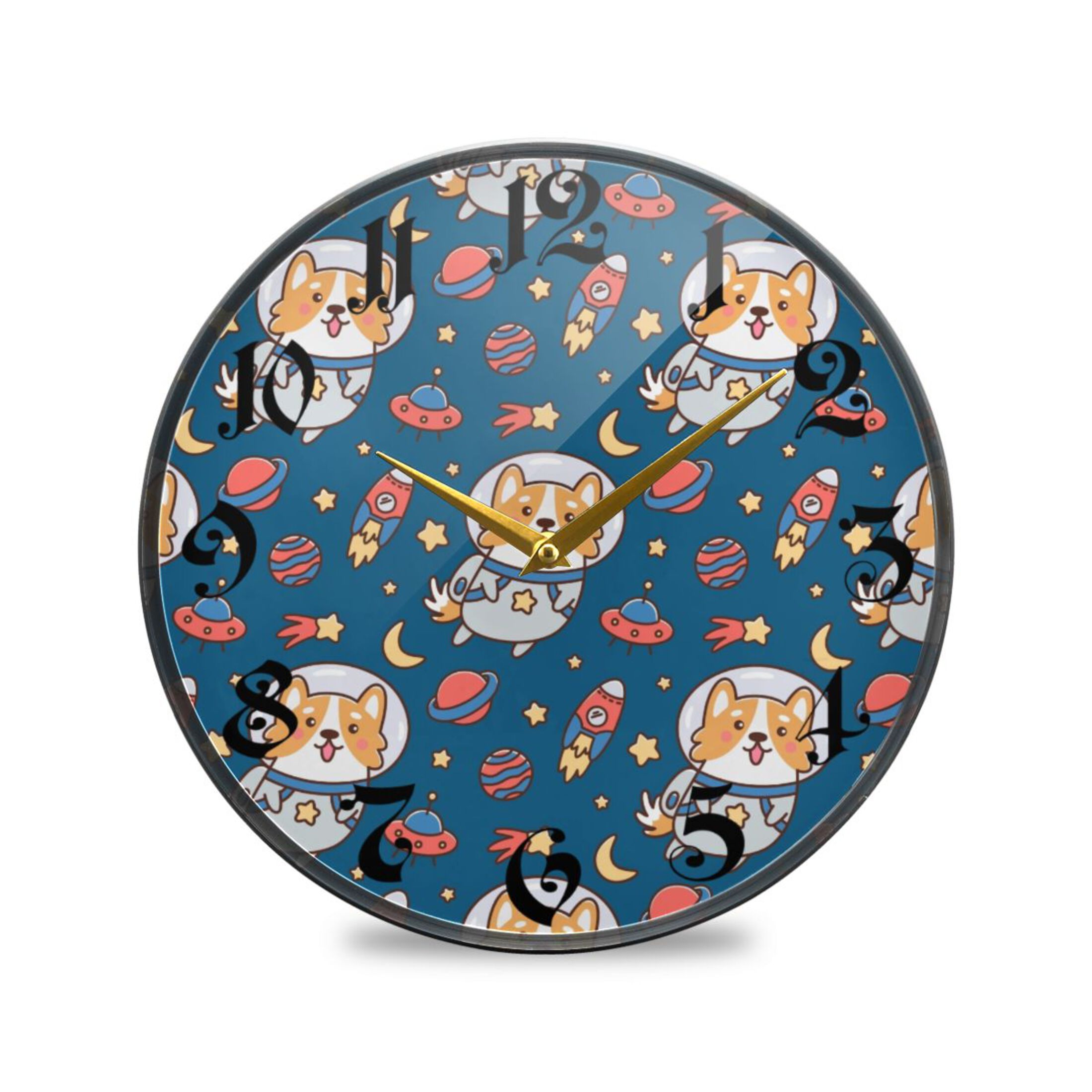 9.5" Round Silent Wall Clocks Cartoon Corgi Dogs with Space Acrylic ...