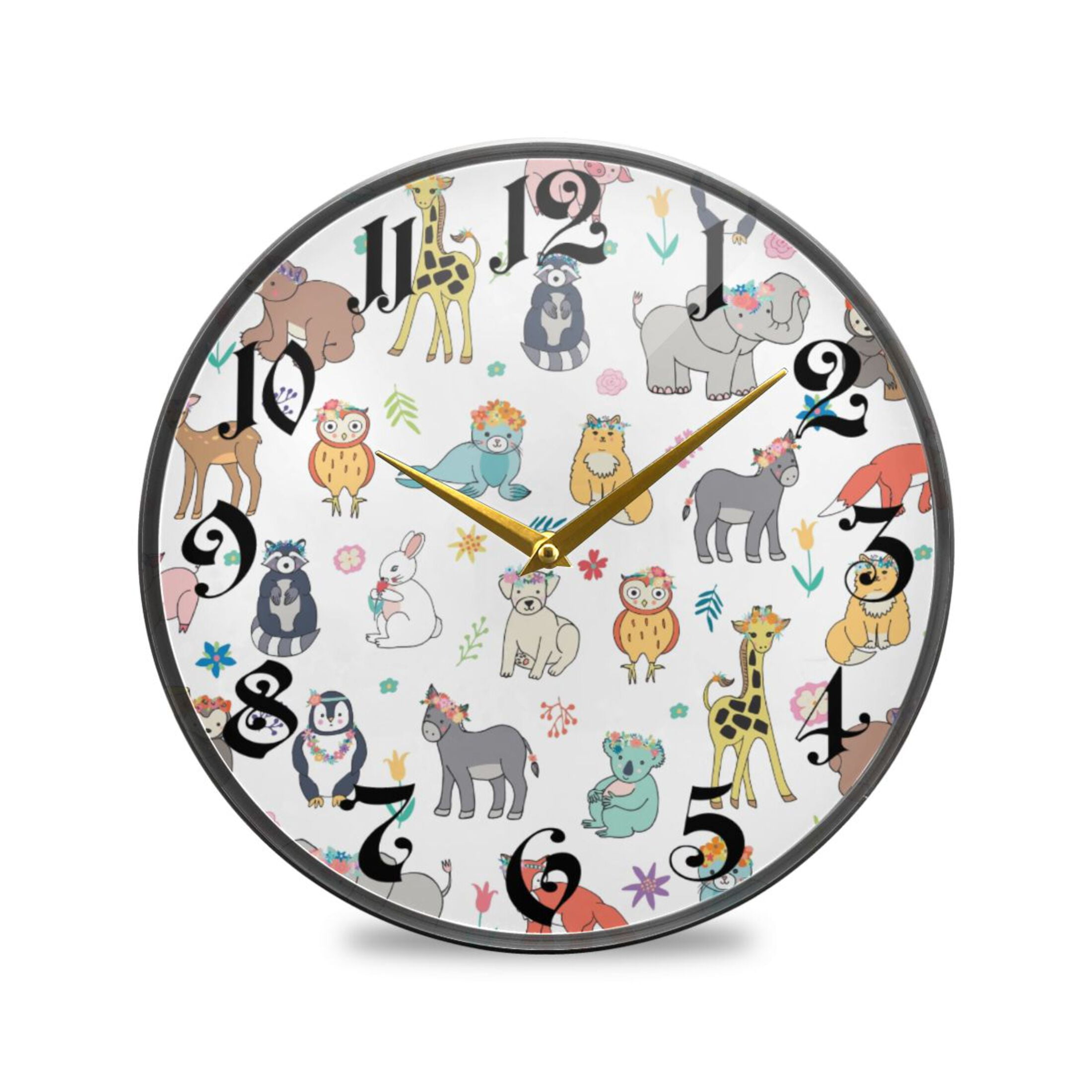 9.5" Round Silent Wall Clocks Cartoon Elephant Bear Giraffe Fox Acrylic ...