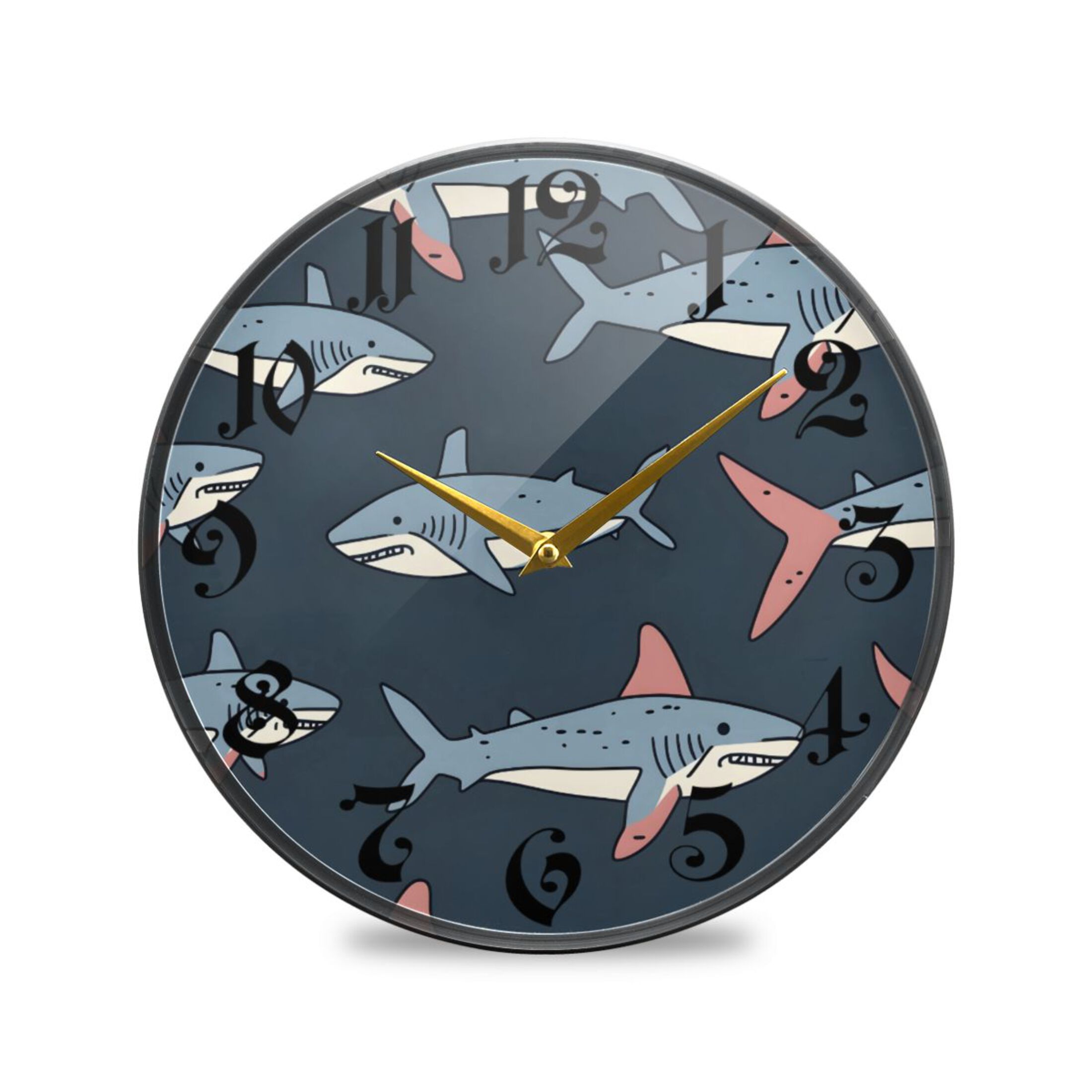 9.5" Round Silent Wall Clocks Cartoon Shark Acrylic Battery Operated ...
