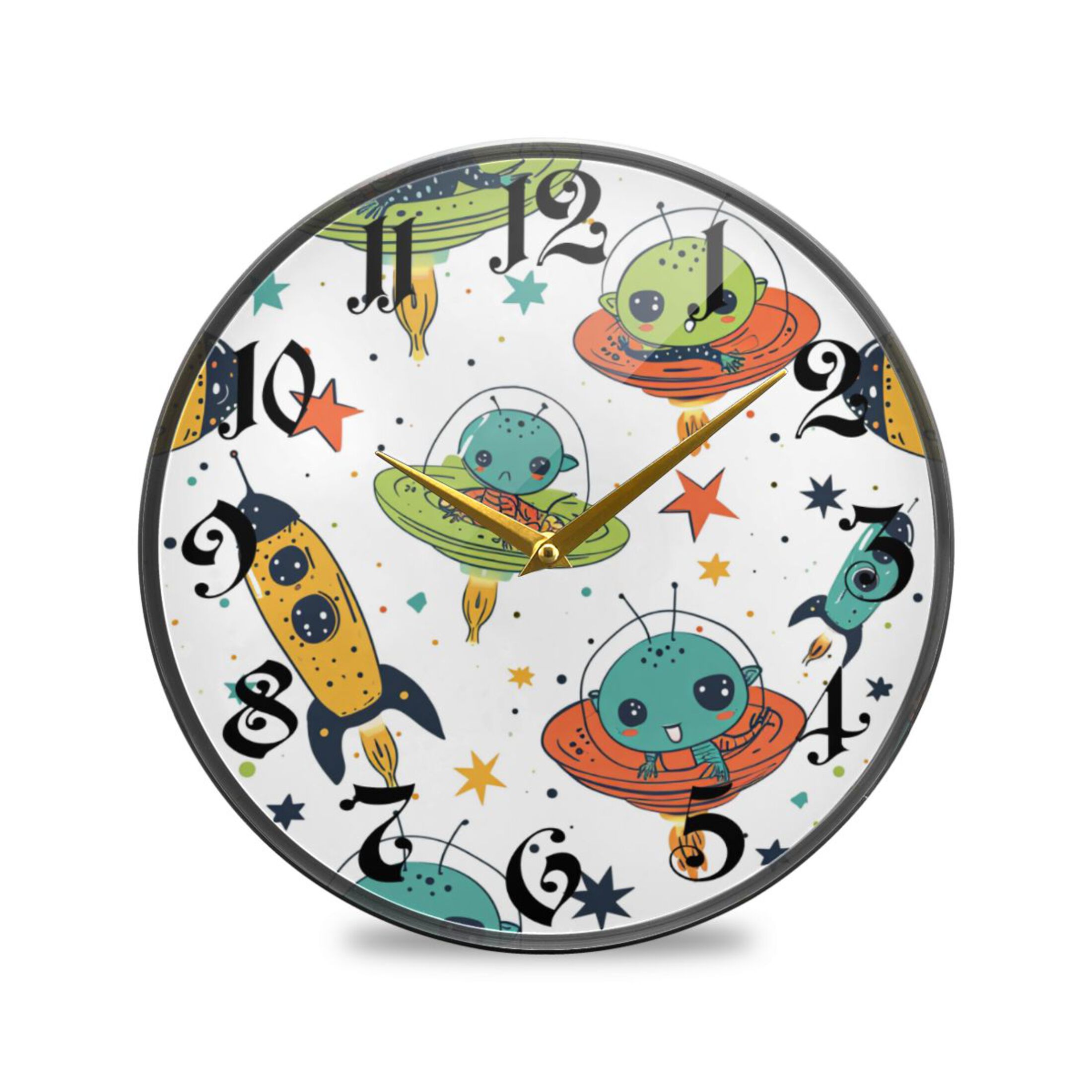 9.5" Round Silent Wall Clocks Cartoon Spacecraft Acrylic Battery ...