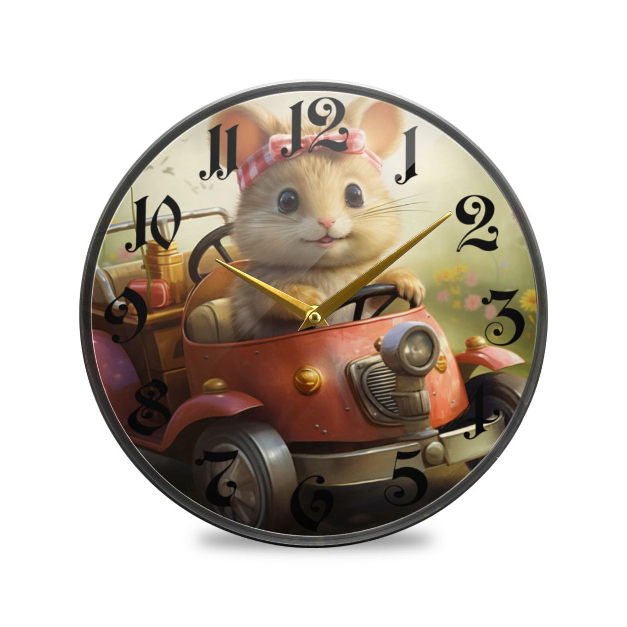 9.5" Round Silent Wall Clocks Cat Driving Car Acrylic Battery Operated ...