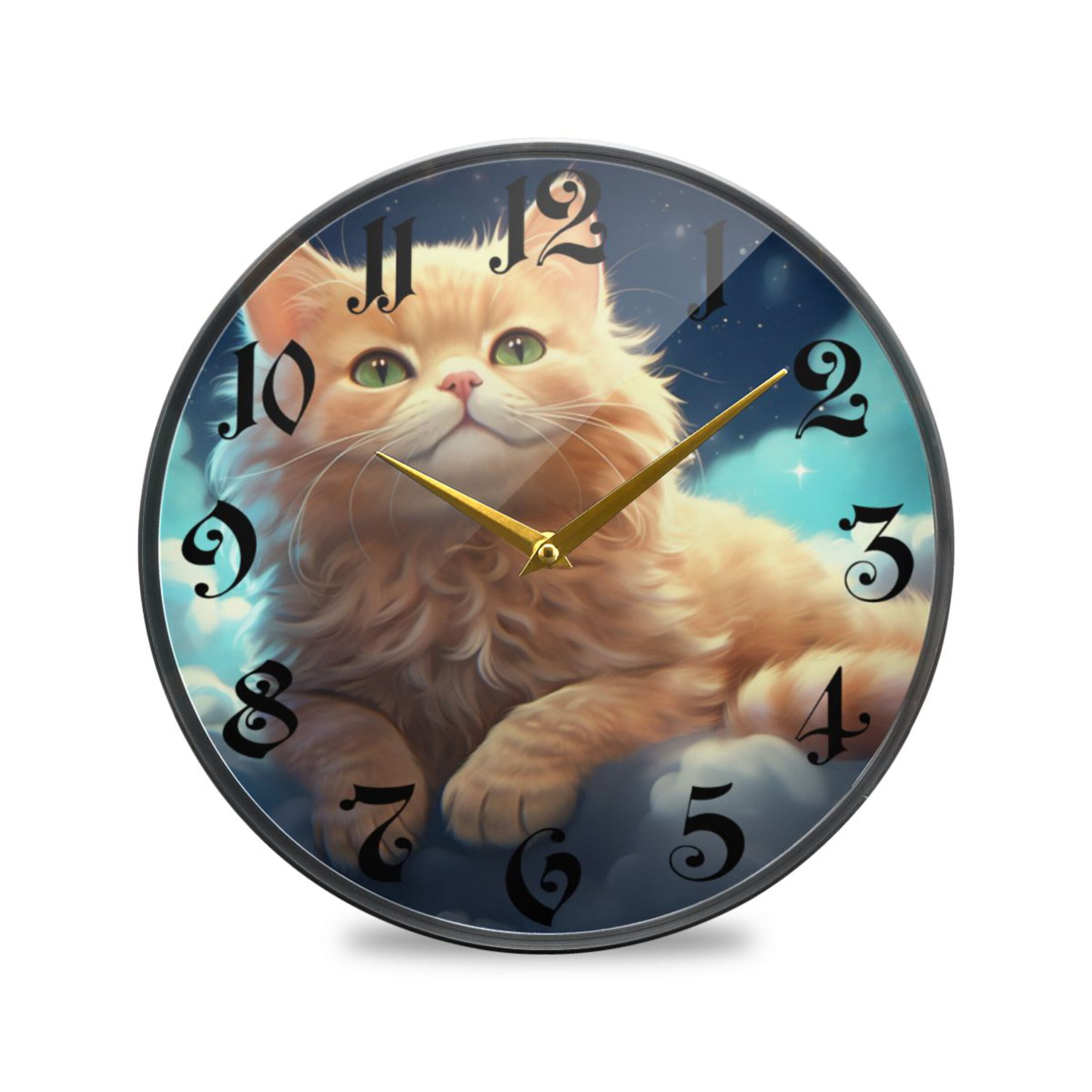 9.5" Round Silent Wall Clocks Cat on Clouds and Stars Acrylic Battery ...