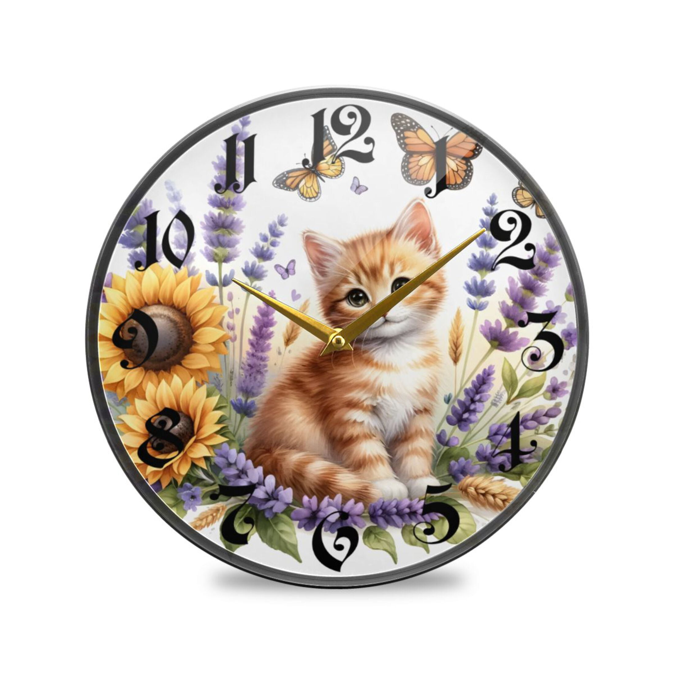 9.5" Round Silent Wall Clocks Cat on Lavender Flowers Acrylic Battery ...