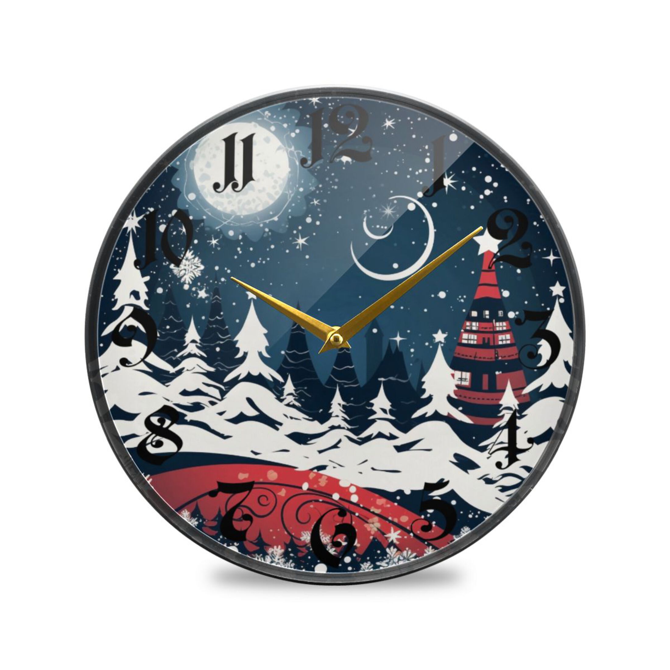 9.5" Round Silent Wall Clocks Christmas Trees with Moon Acrylic Battery ...