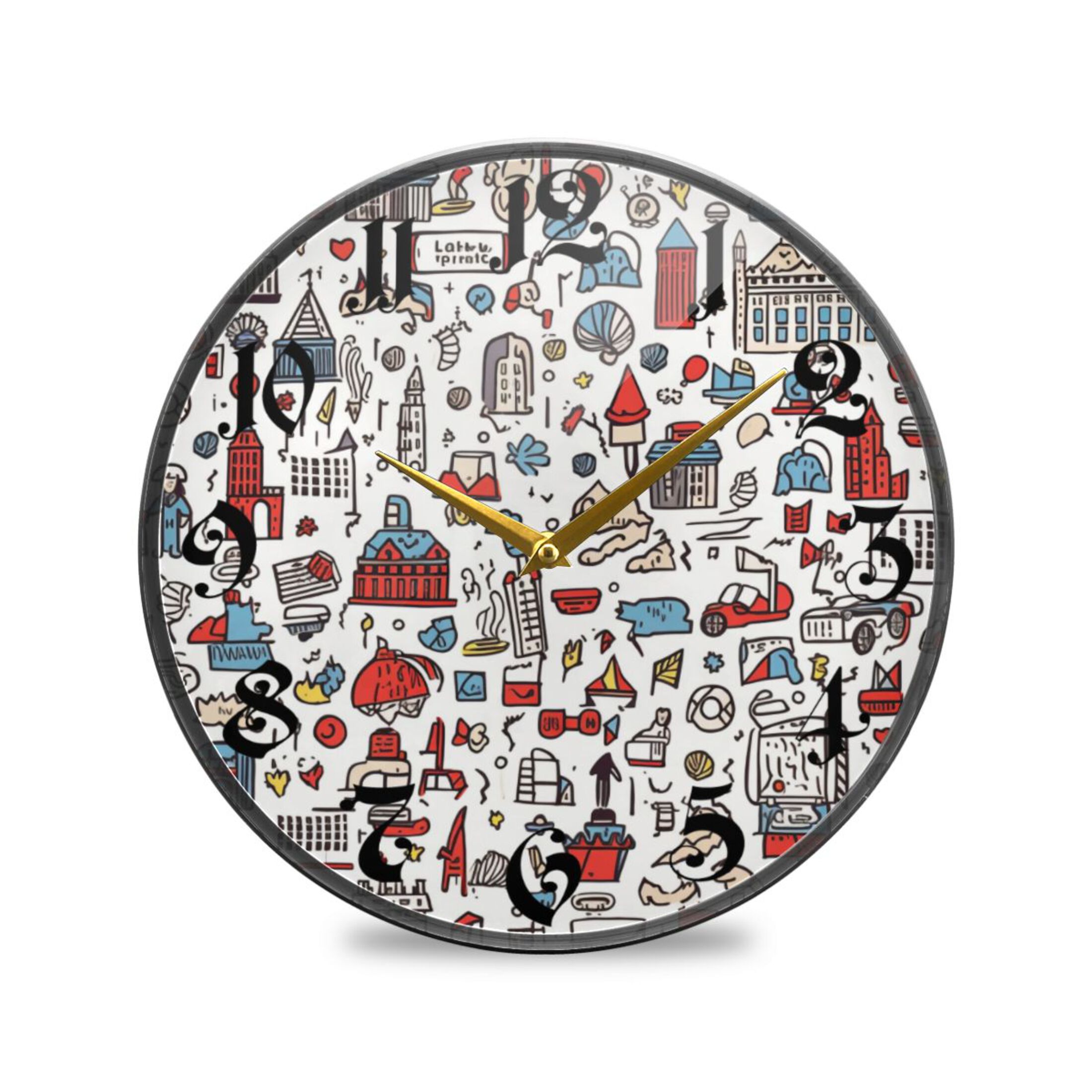 9.5" Round Silent Wall Clocks City Cute Print Acrylic Battery Operated ...