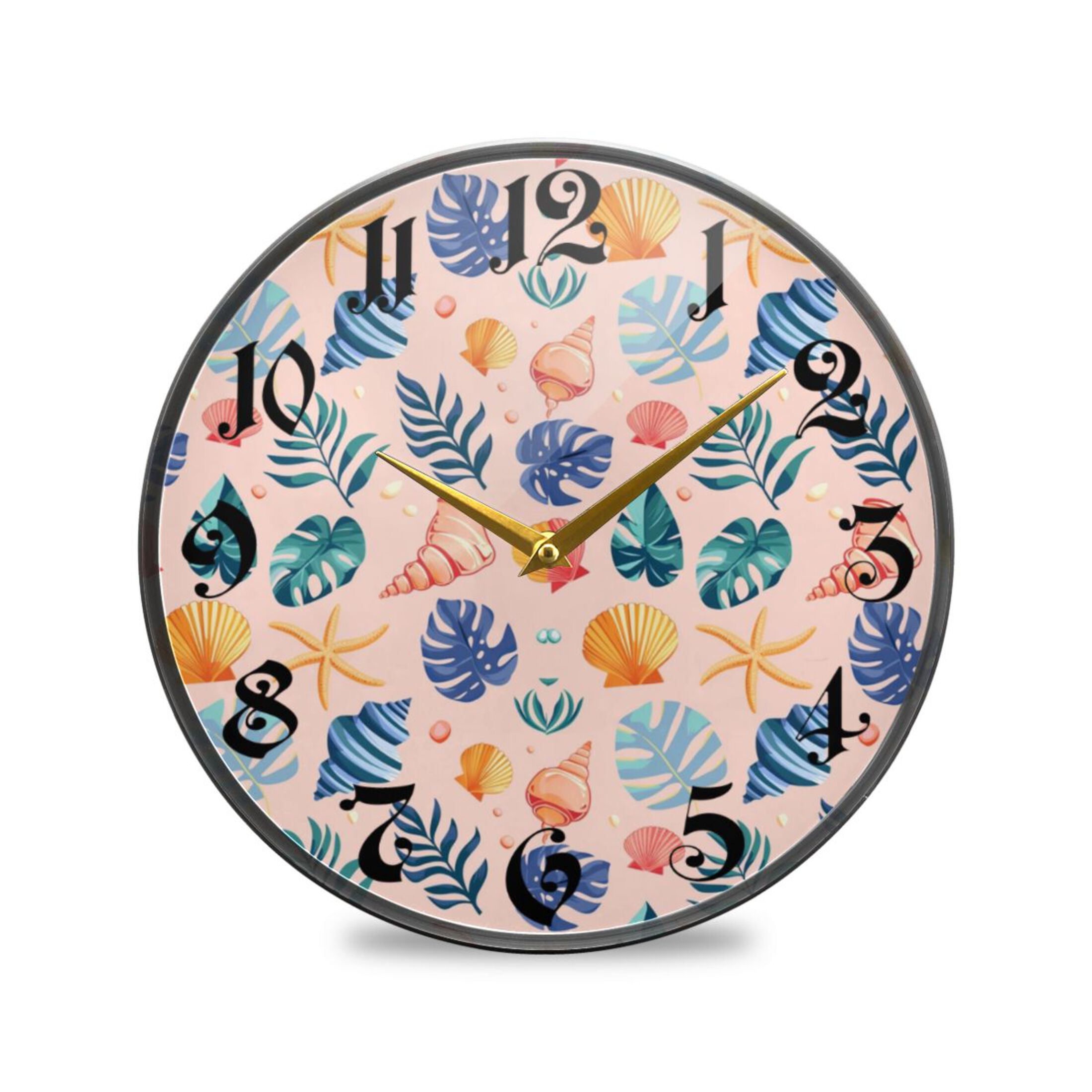 9.5" Round Silent Wall Clocks Conch and Palm Leaves Acrylic Battery ...