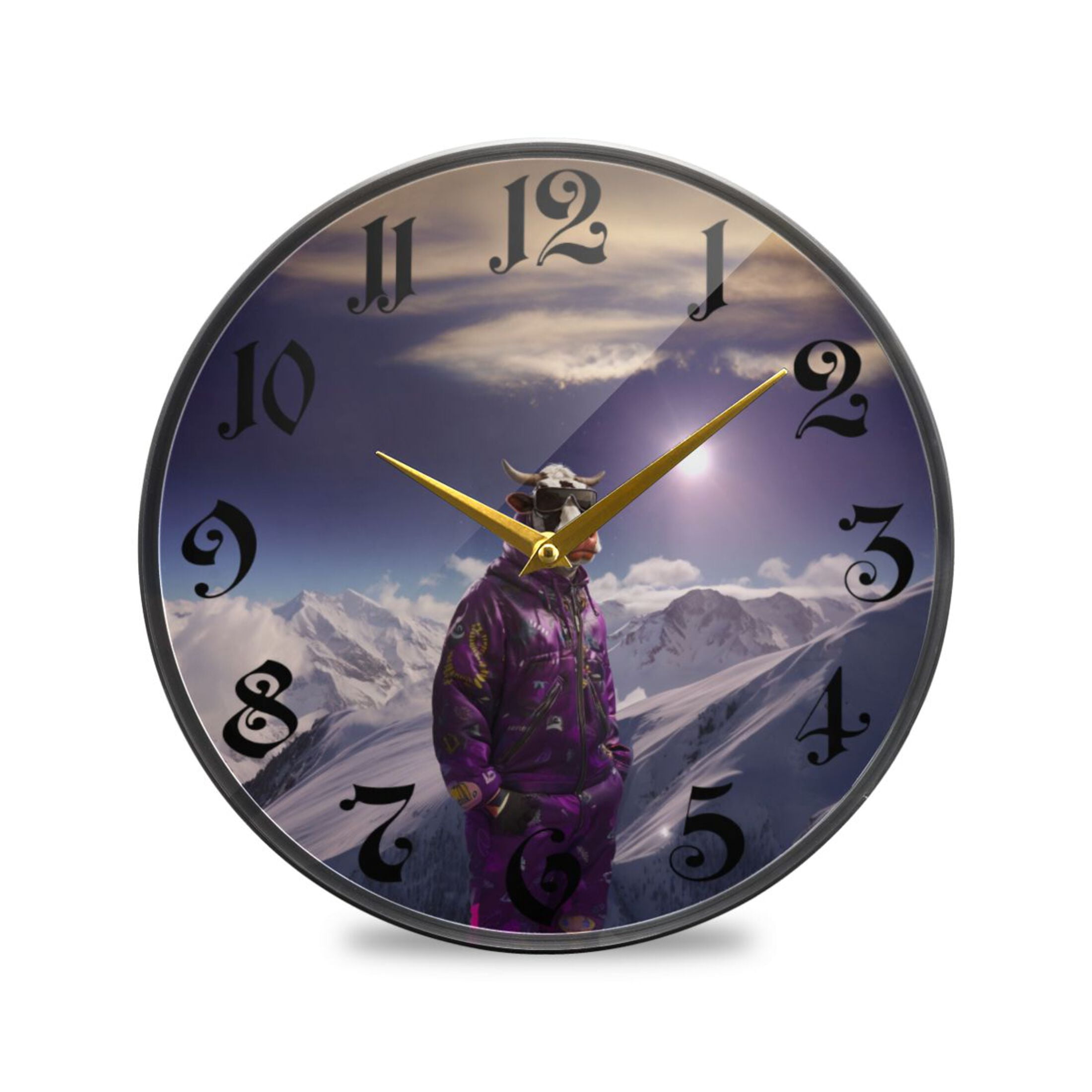 9.5" Round Silent Wall Clocks Cool Cow in Mountain Acrylic Battery ...
