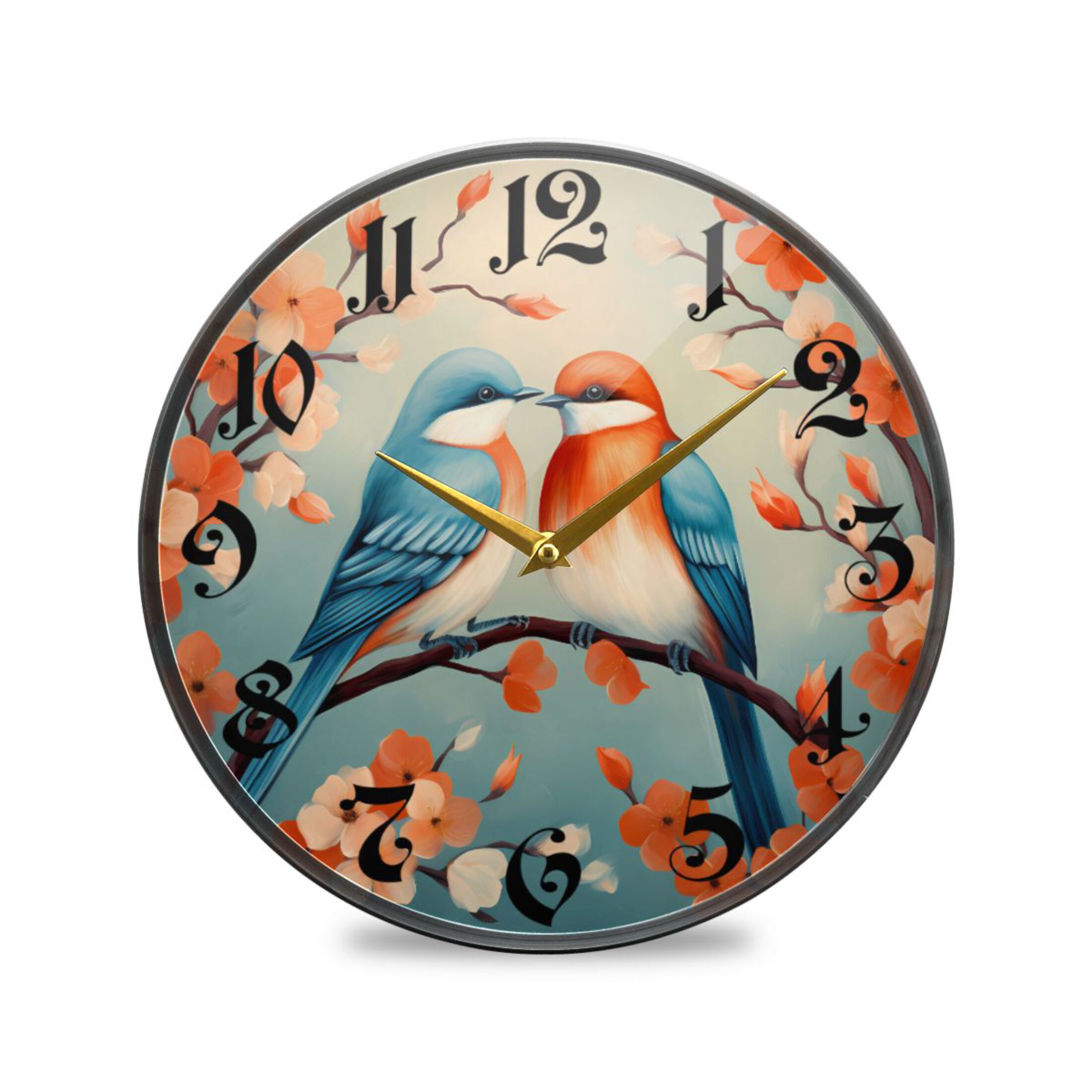 9.5" Round Silent Wall Clocks Couple Birds and Floral Acrylic Battery ...