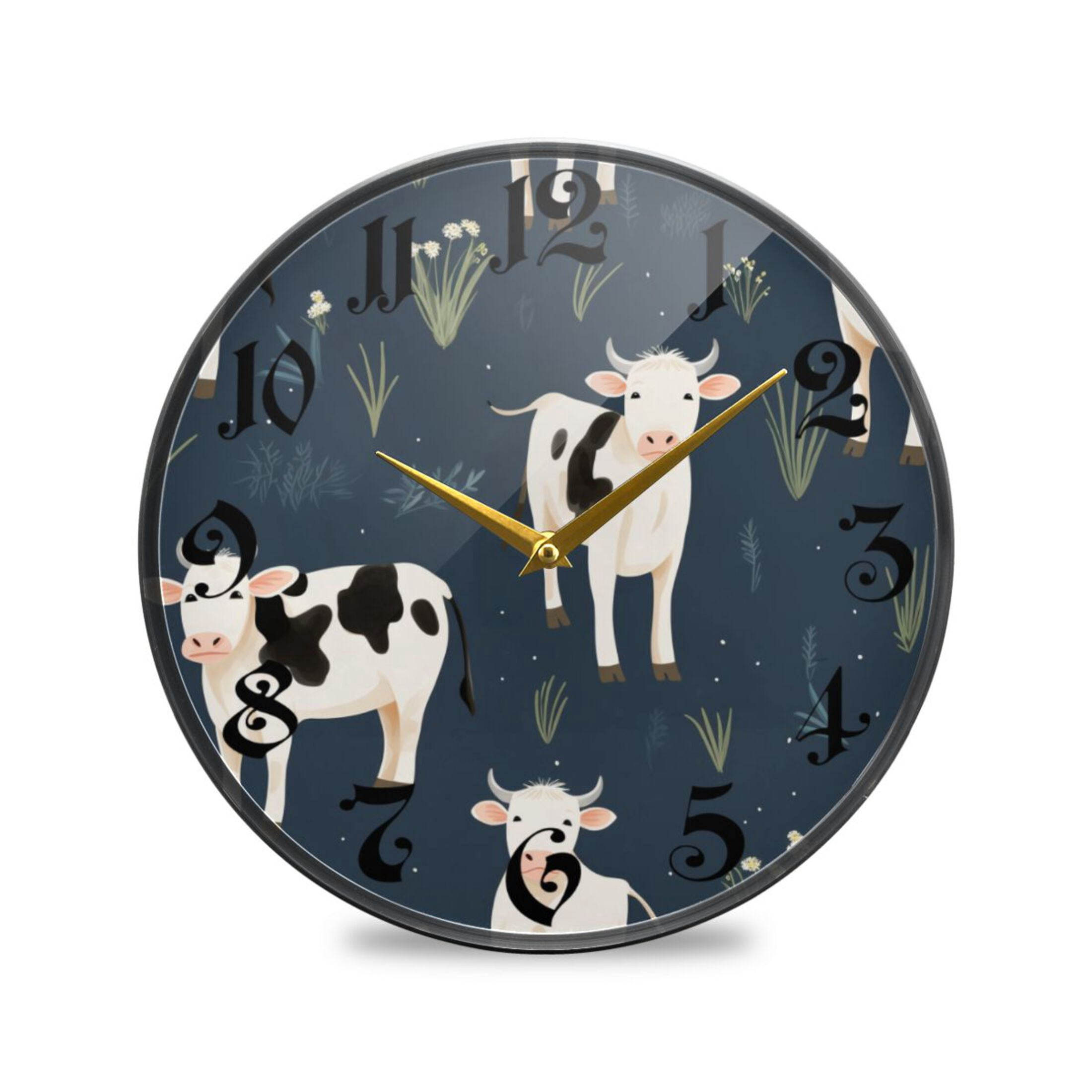9.5" Round Silent Wall Clocks Cow on Grass Acrylic Battery Operated ...