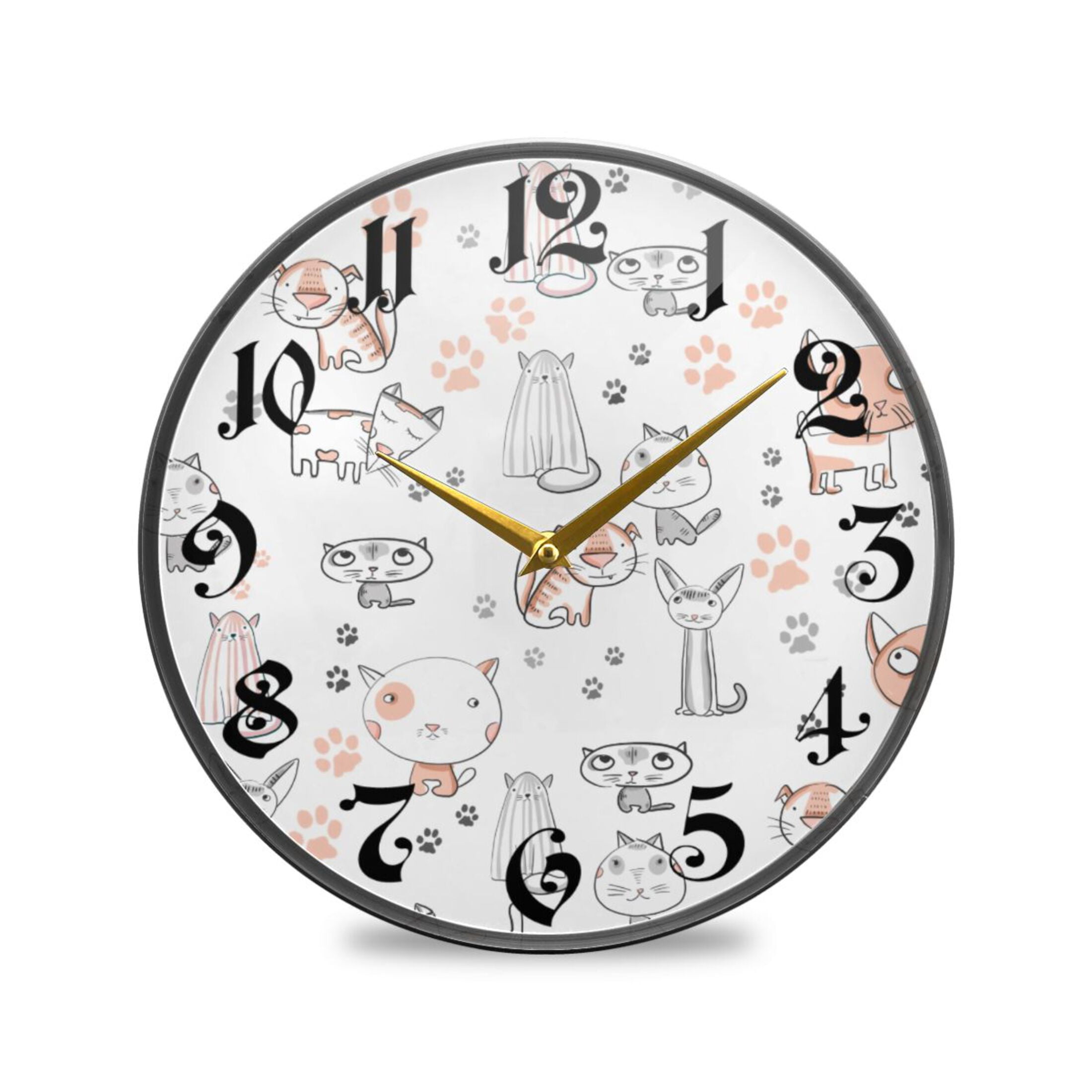 9.5" Round Silent Wall Clocks Cute Cartoon Cats with Paws Acrylic ...