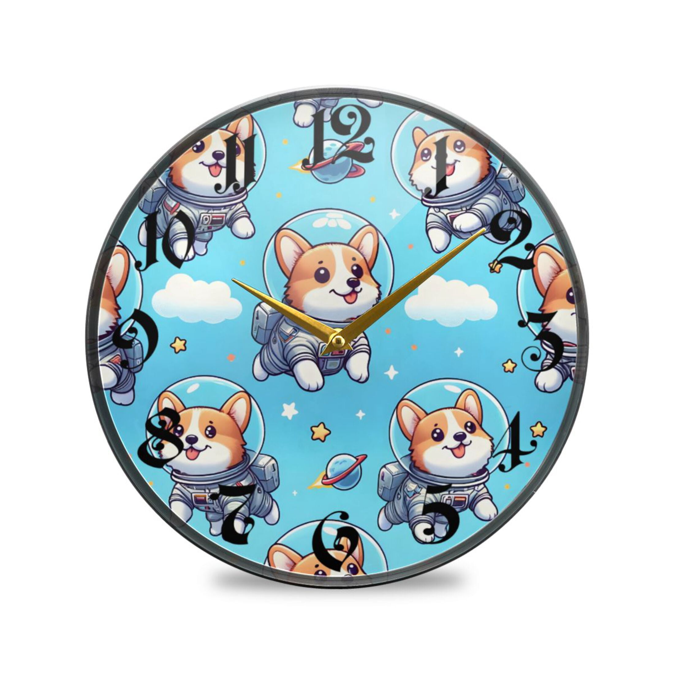 9.5" Round Silent Wall Clocks Cute Dogs in Space Acrylic Battery ...
